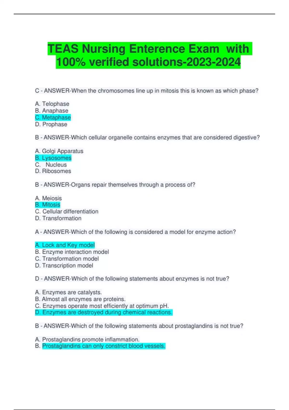 TEAS Nursing Enterence Exam with 100% verified solutions- - TEAS ...