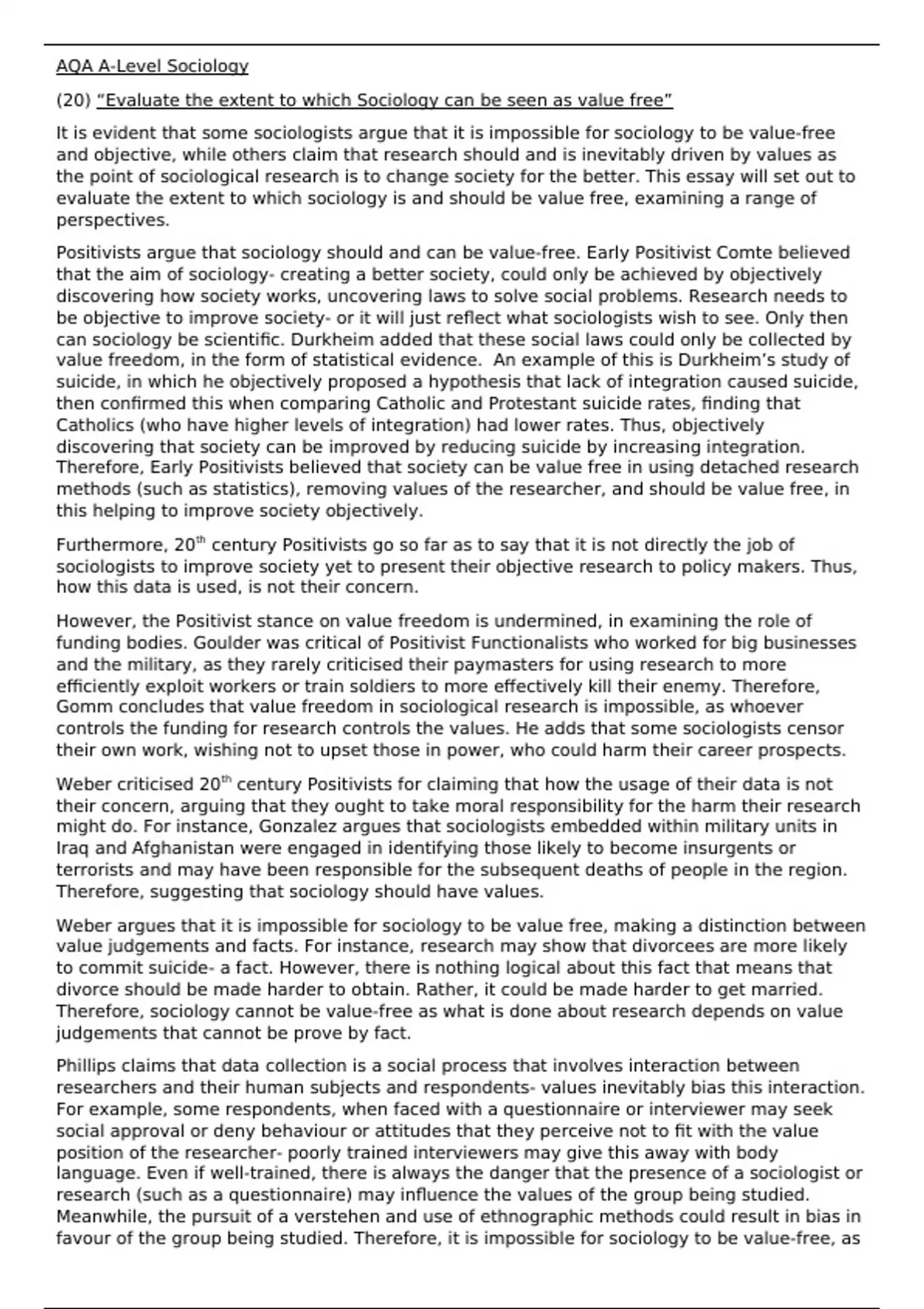 Value Freedom Sociology 20 Mark Essay - Unit 4 SCLY4 - Crime and ...