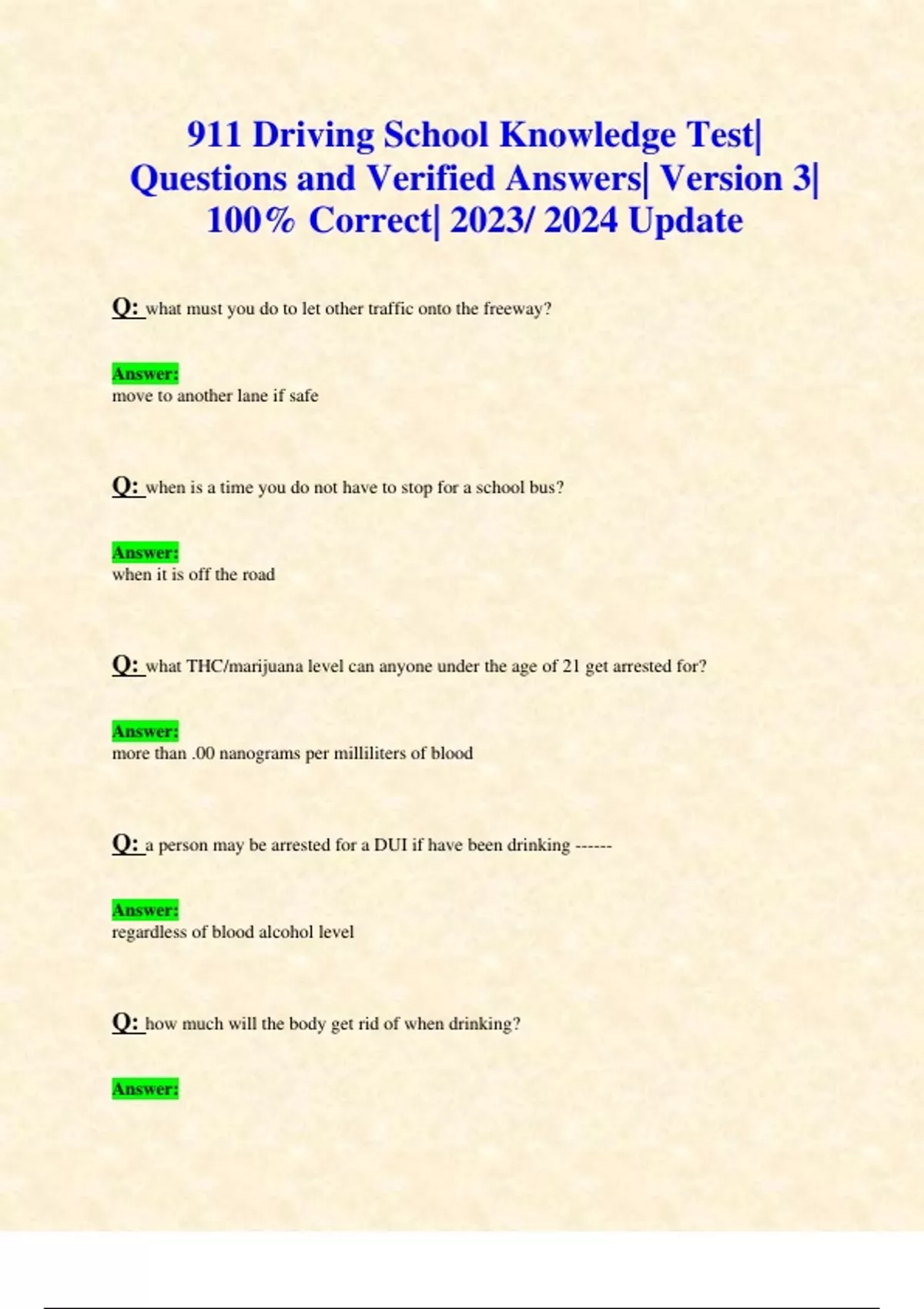 911 Driving School Knowledge Test| Questions and Verified Answers ...