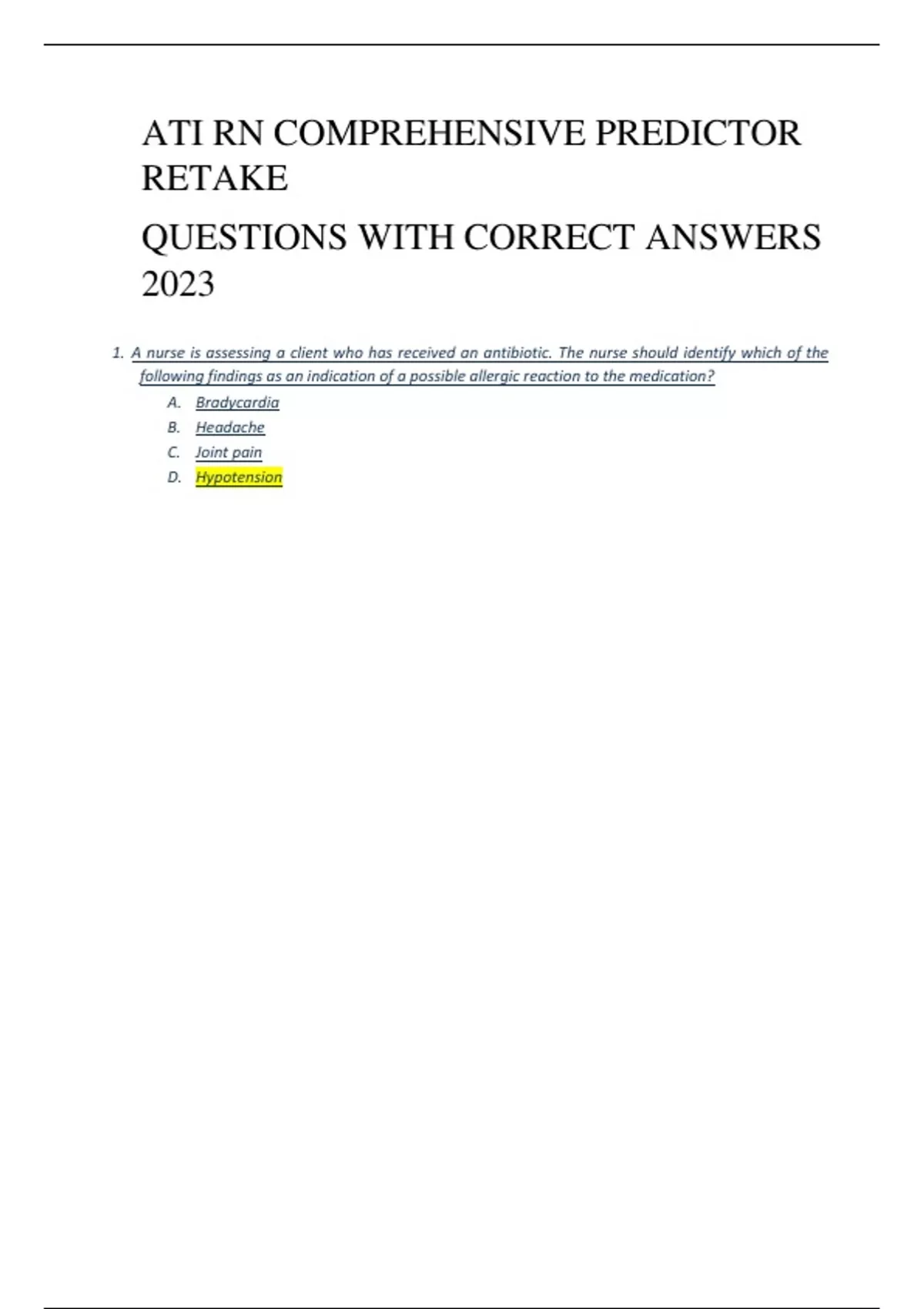 ATI RN COMPREHENSIVE PREDICTOR RETAKE QUESTIONS WITH CORRECT ANSWERS ...