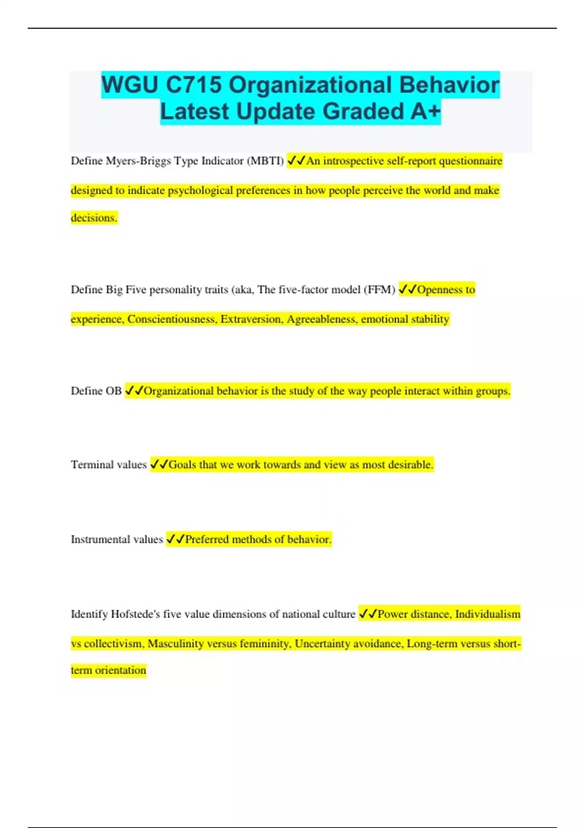 WGU C715 Organizational Behavior Latest Update Graded A+ - WGU C715 ...