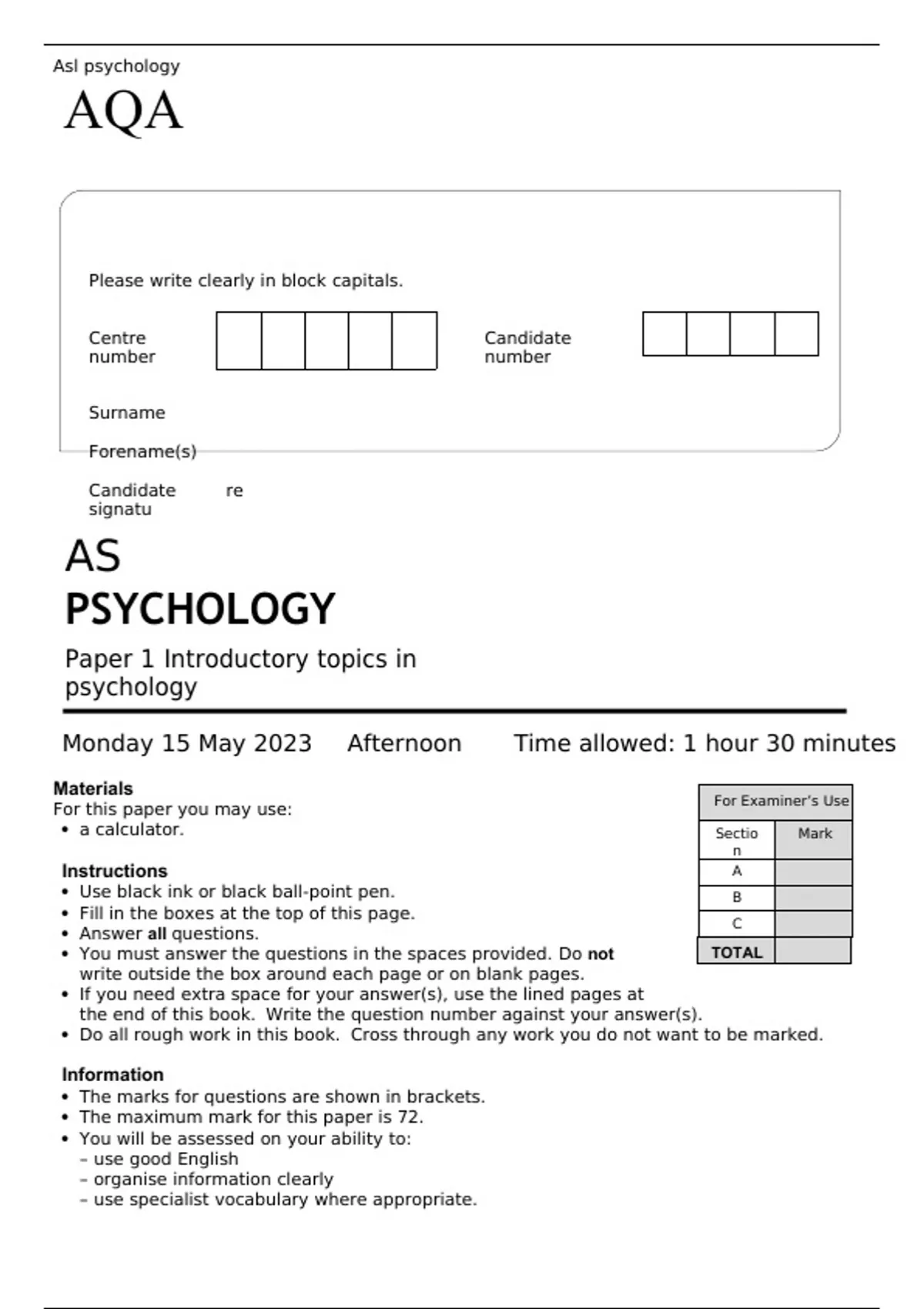AQA AS PSYCHOLOGY Paper 1 And 2 JUNE 2023 QUESTION PAPER AND MARK