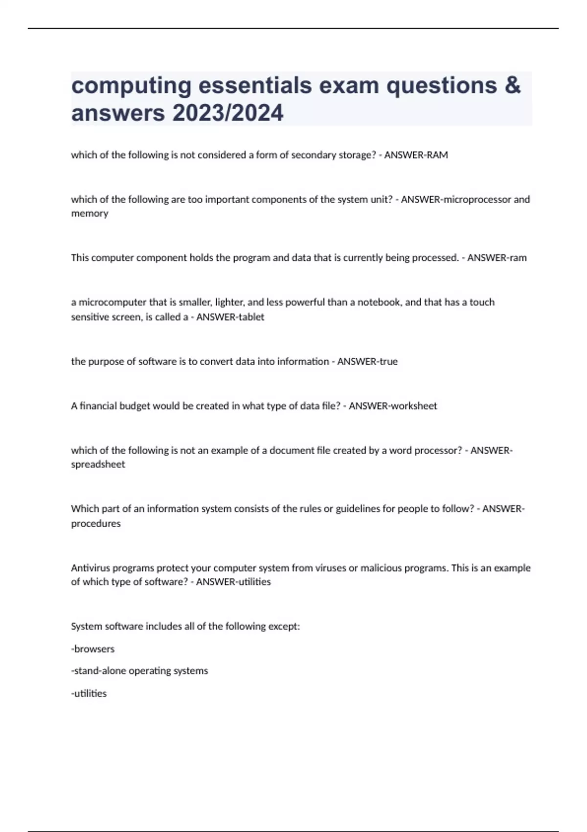 computing essentials exam questions & answers 2023/2024 - Computing essentials - Stuvia US