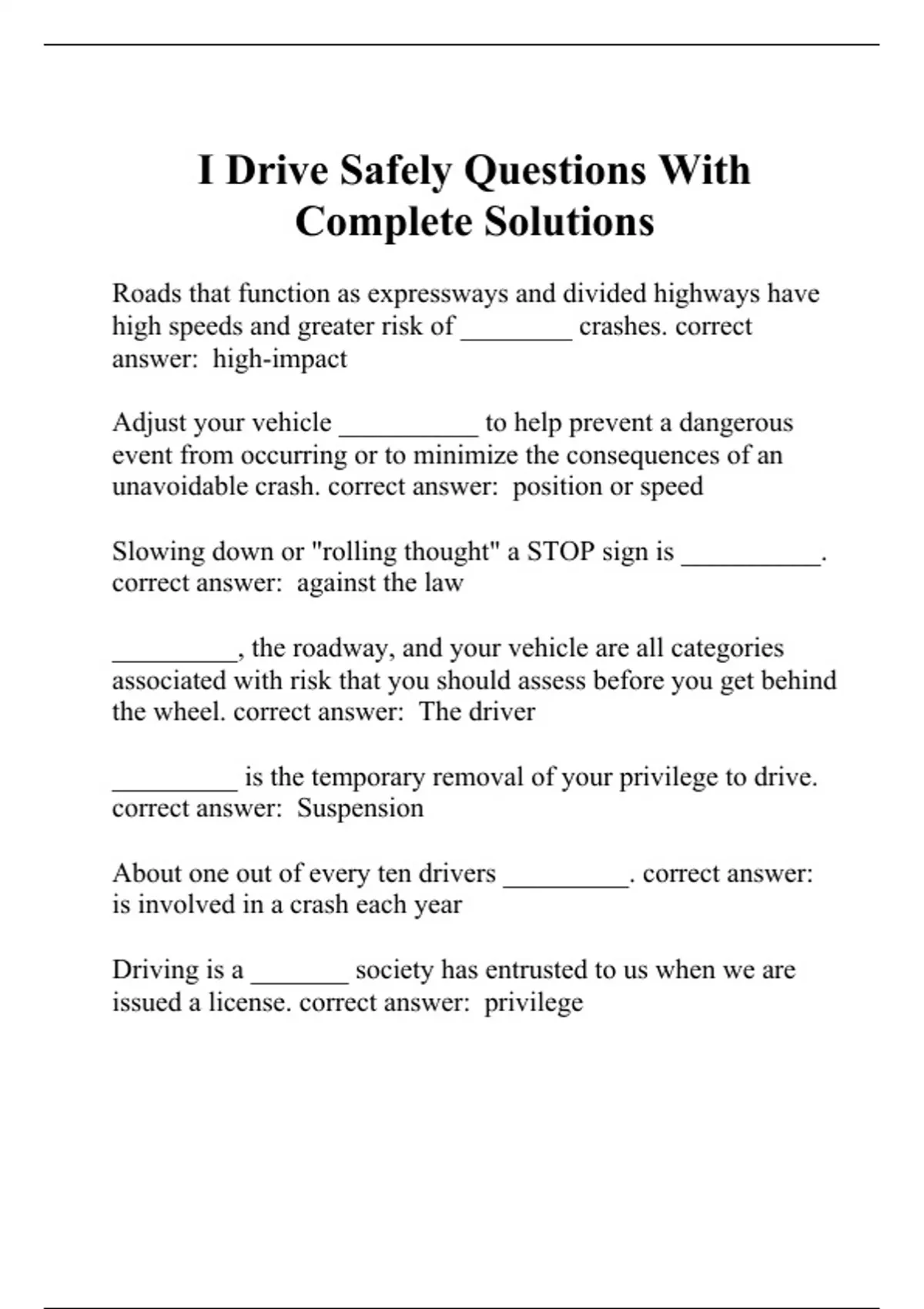 I Drive Safely Questions With Complete Solutions - I Drive Safely ...