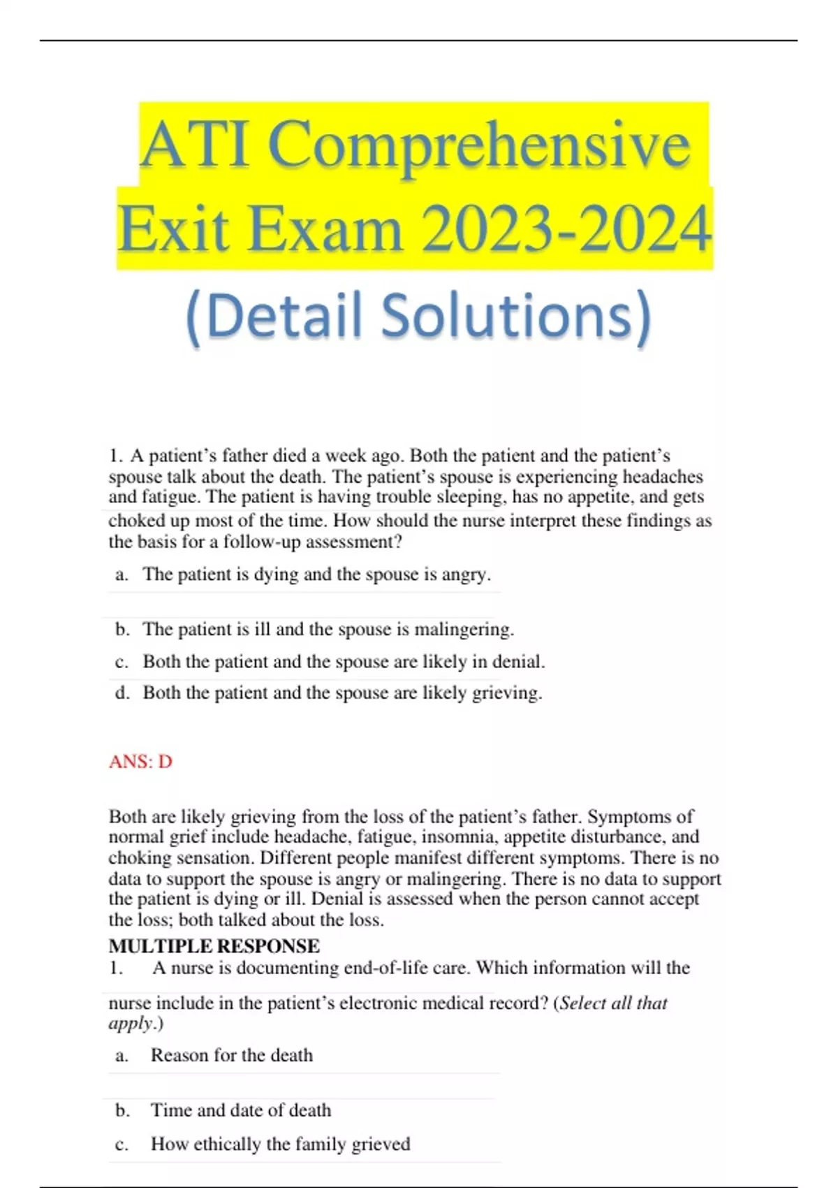 ATI Comprehensive Exit Exam ()Detail Solutions - ATI Comprehensive - Stuvia US
