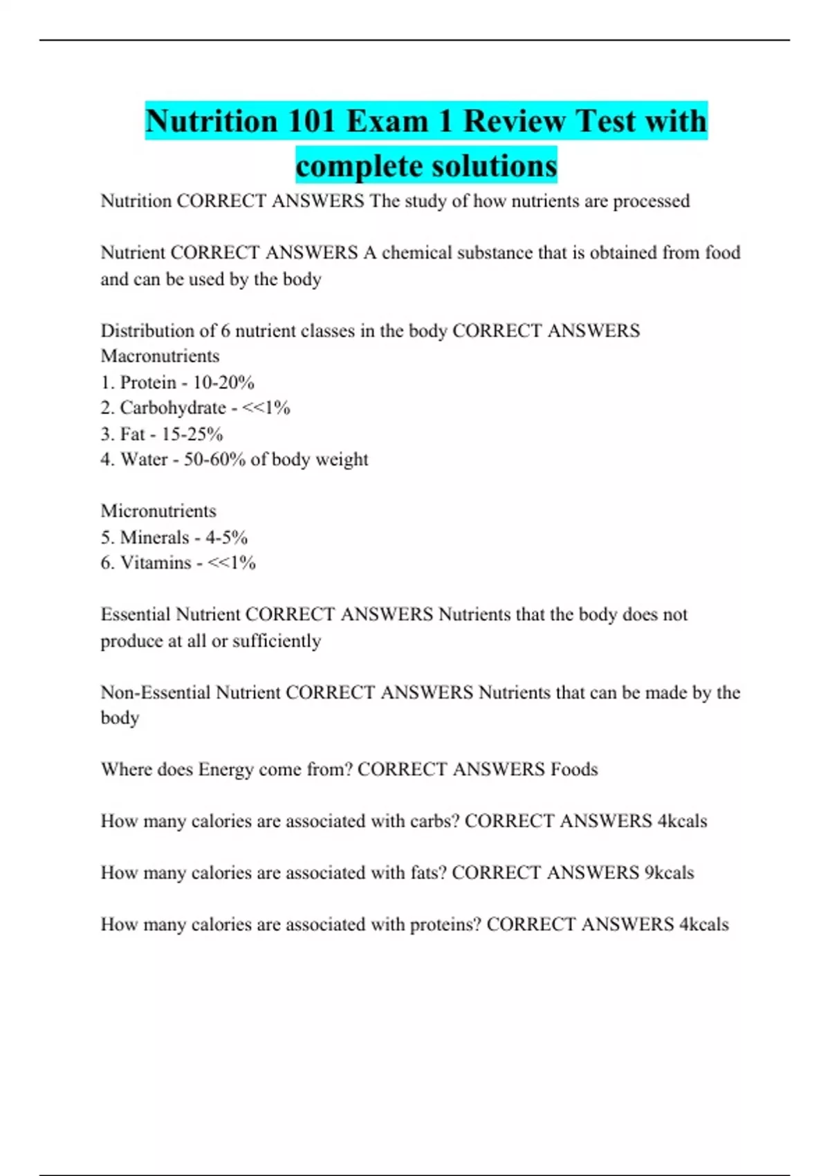 Nutrition 101 Exam 1 Review Test with complete solutions - Nutrition ...