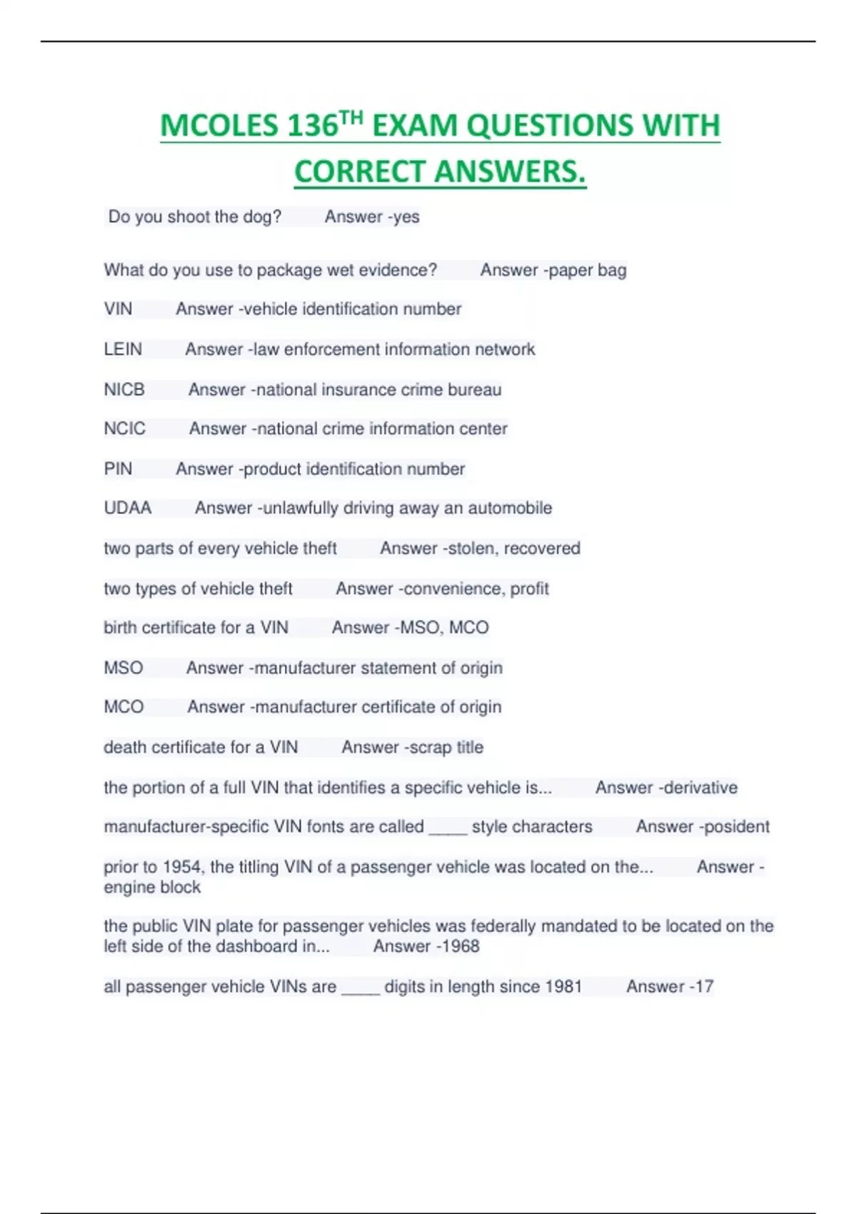 MCOLES 136TH EXAM QUESTIONS WITH CORRECT ANSWERS. - MCOLES - Stuvia US