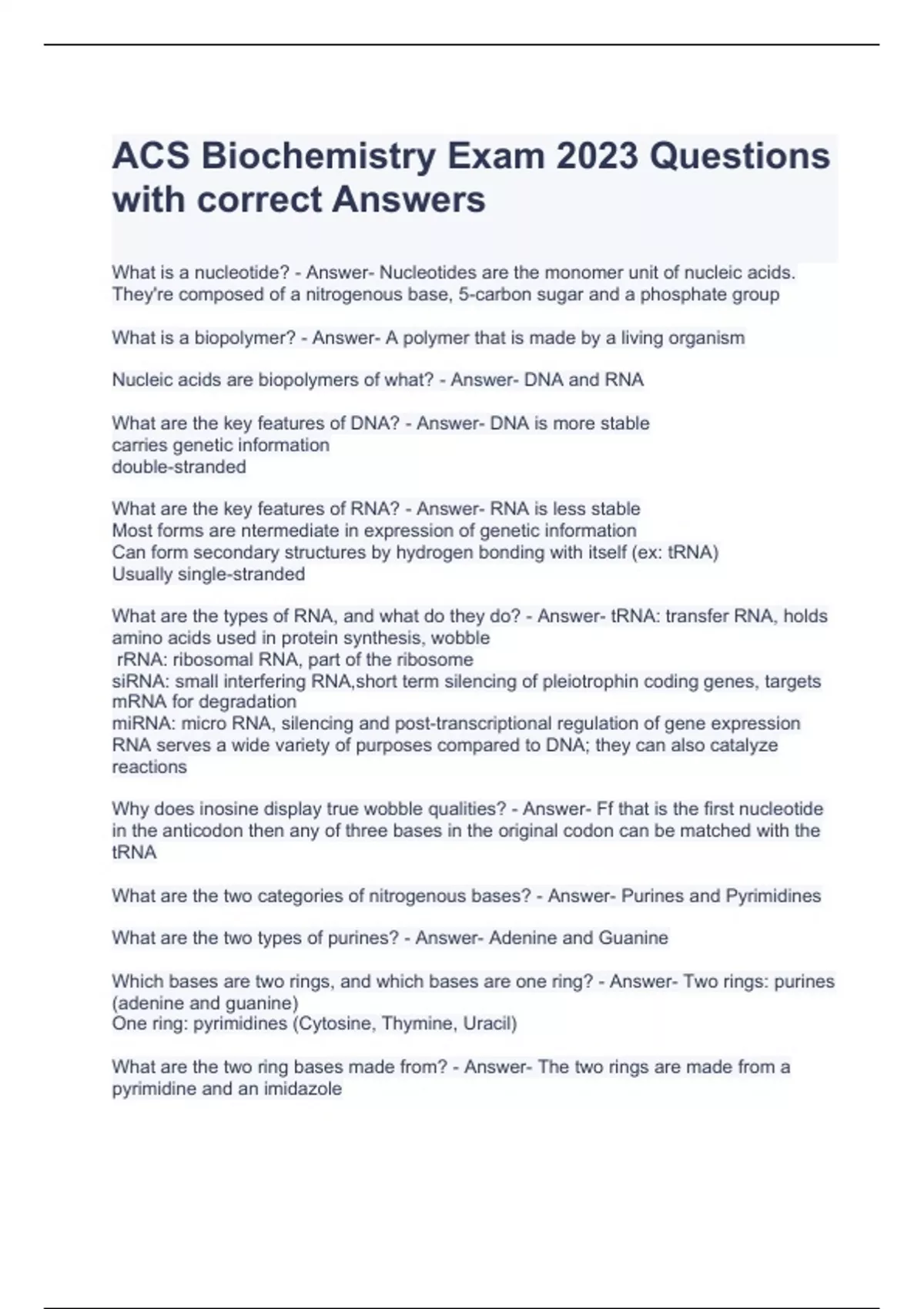 ACS Biochemistry Exam 2023 Questions with correct Answers - ACS ...