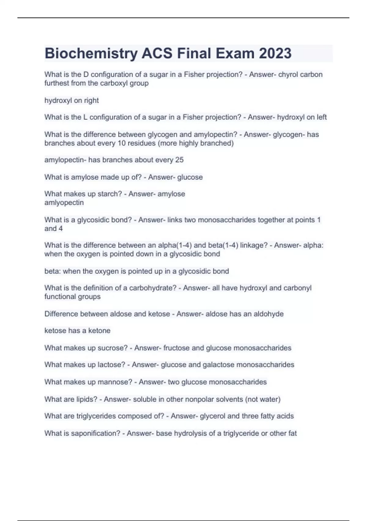 Biochemistry ACS Final Exam 2023 - Biochemistry ACS - Stuvia US