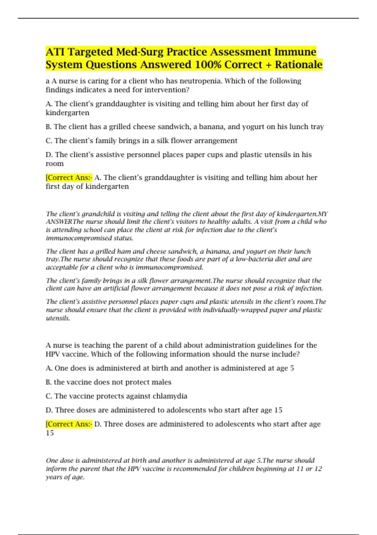 ATI Targeted Med-Surg Practice Assessment Immune System Questions ...