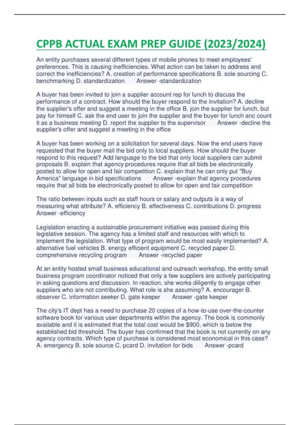 CPPB ACTUAL EXAM PREP GUIDE (2023/2024) EDITION RATED A. - CPPB - Stuvia US