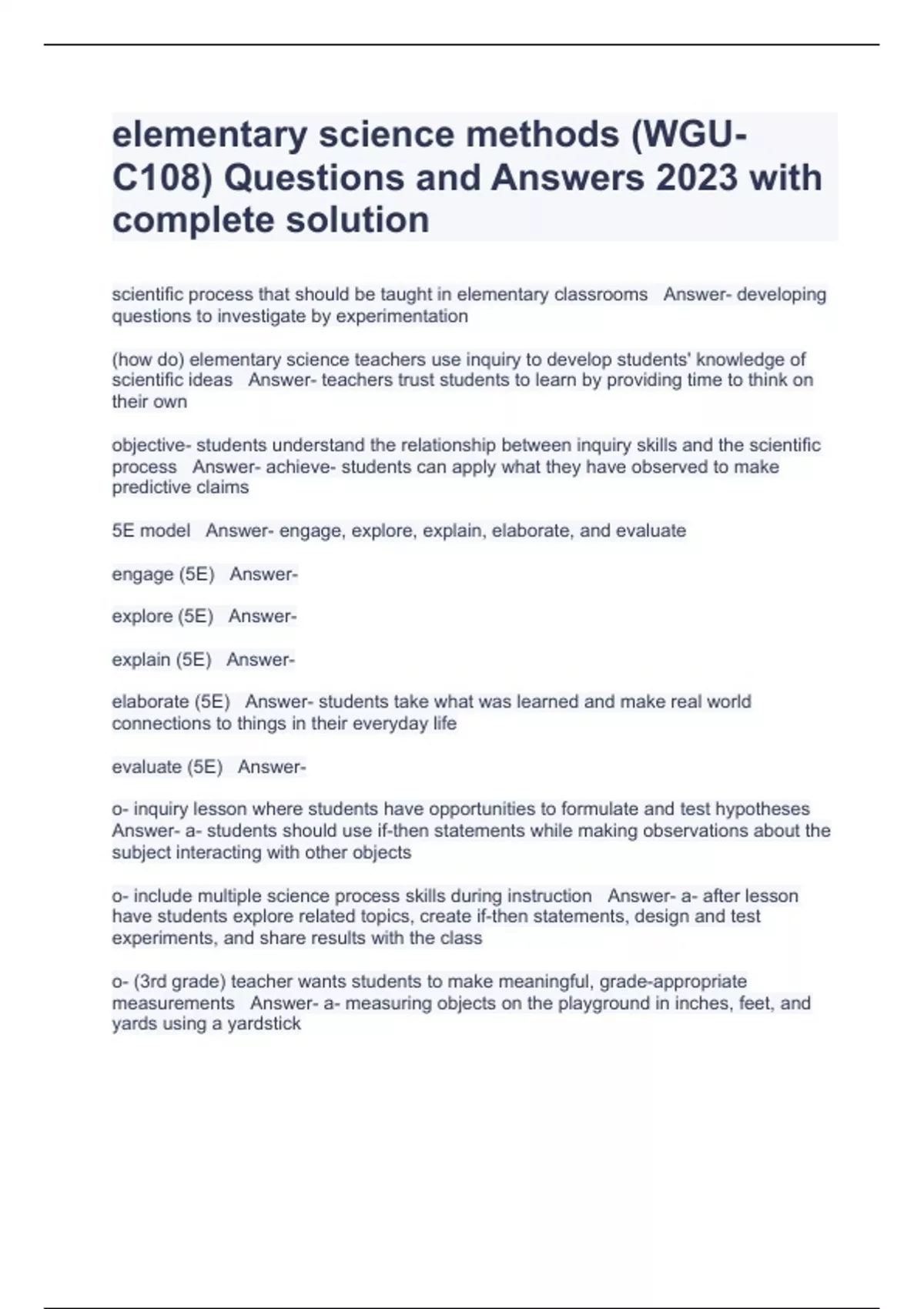 elementary science methods (WGU- C108) Questions and Answers 2023 with ...