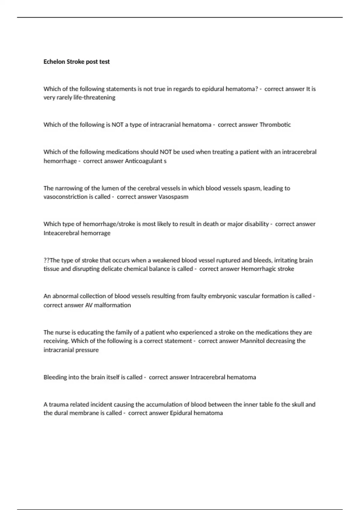 Echelon Stroke post test questions and verified answers - Echelon ...