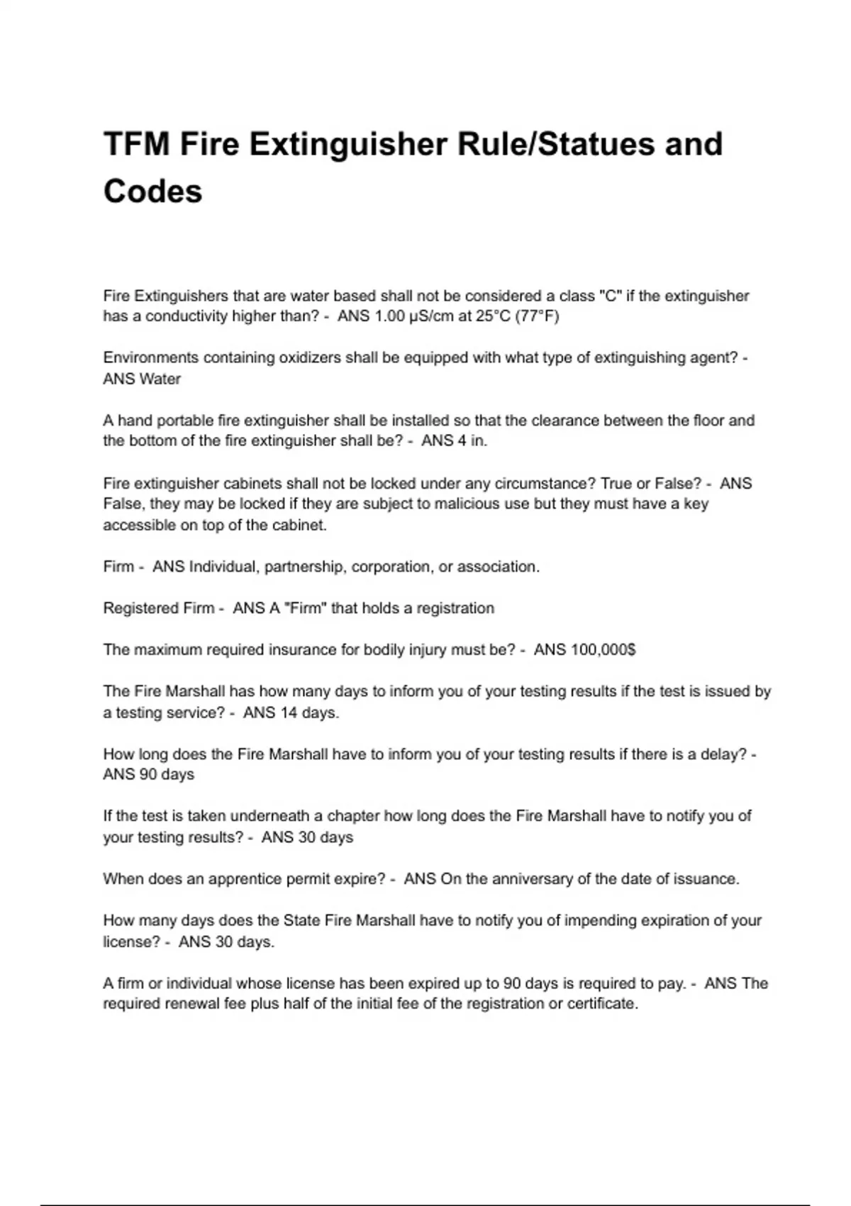 TFM Fire Extinguisher Rule/Statues and Codes Questions & Answers 2023 ...