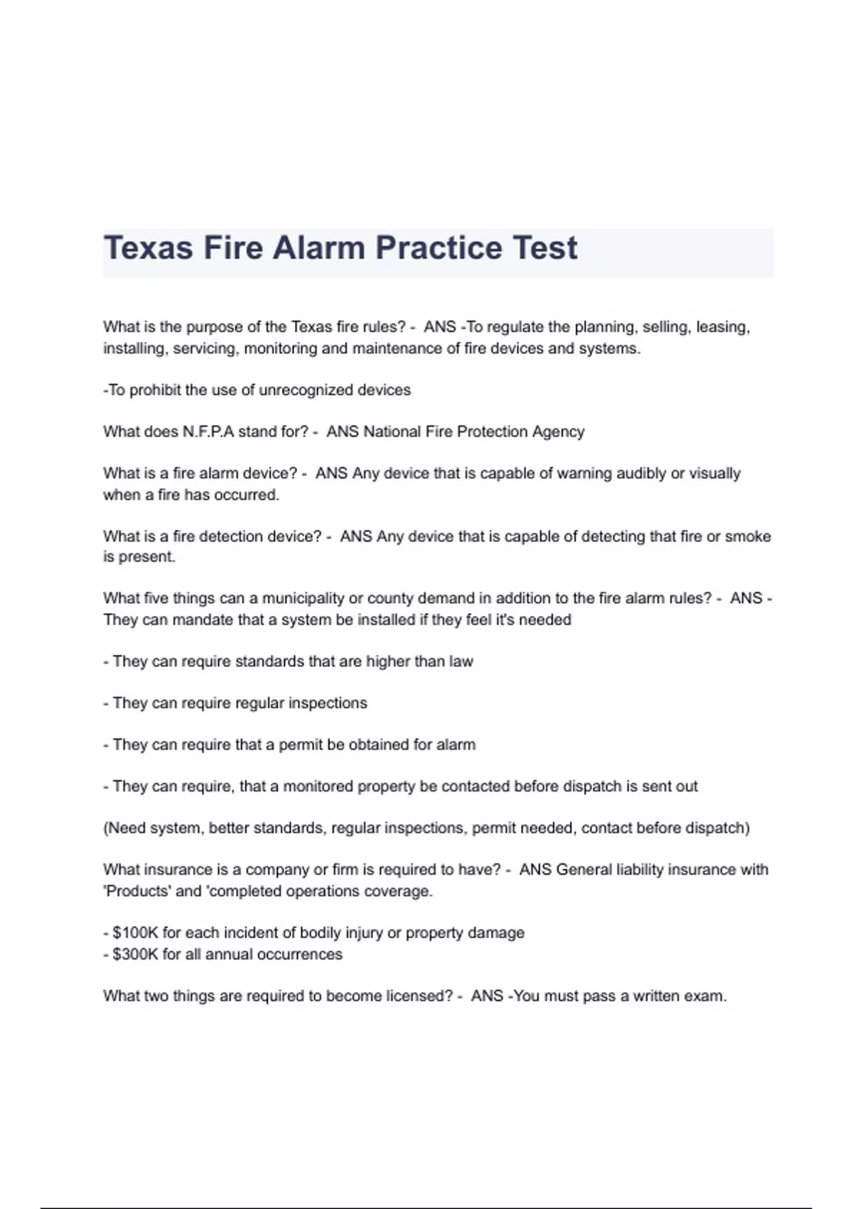 Texas Fire Alarm Practice Test Questions & Answers 2023 ( A+ GRADED 100 ...