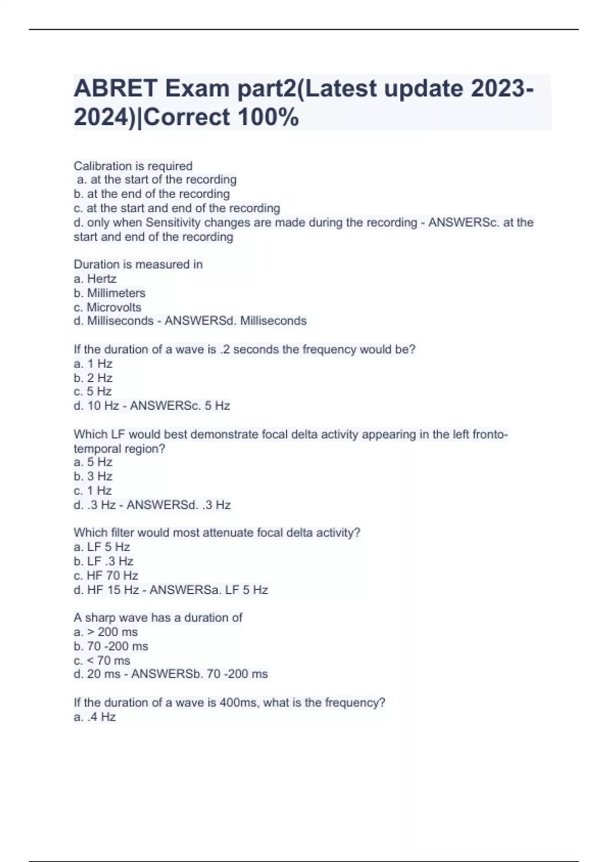 ABRET Exam part2(Latest update )|Correct 100% - ABRET - Stuvia US