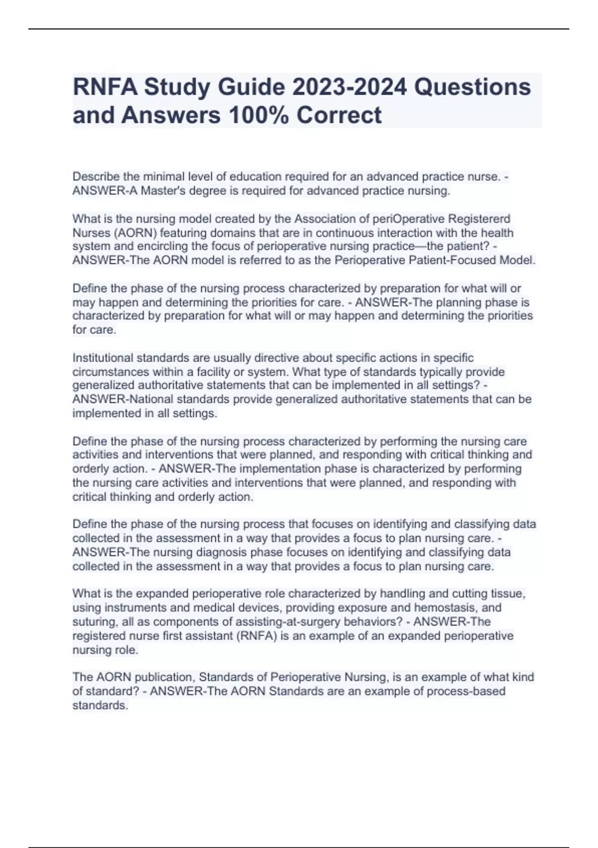 RNFA Study Guide Questions and Answers 100% Correct - RNFA - Stuvia US