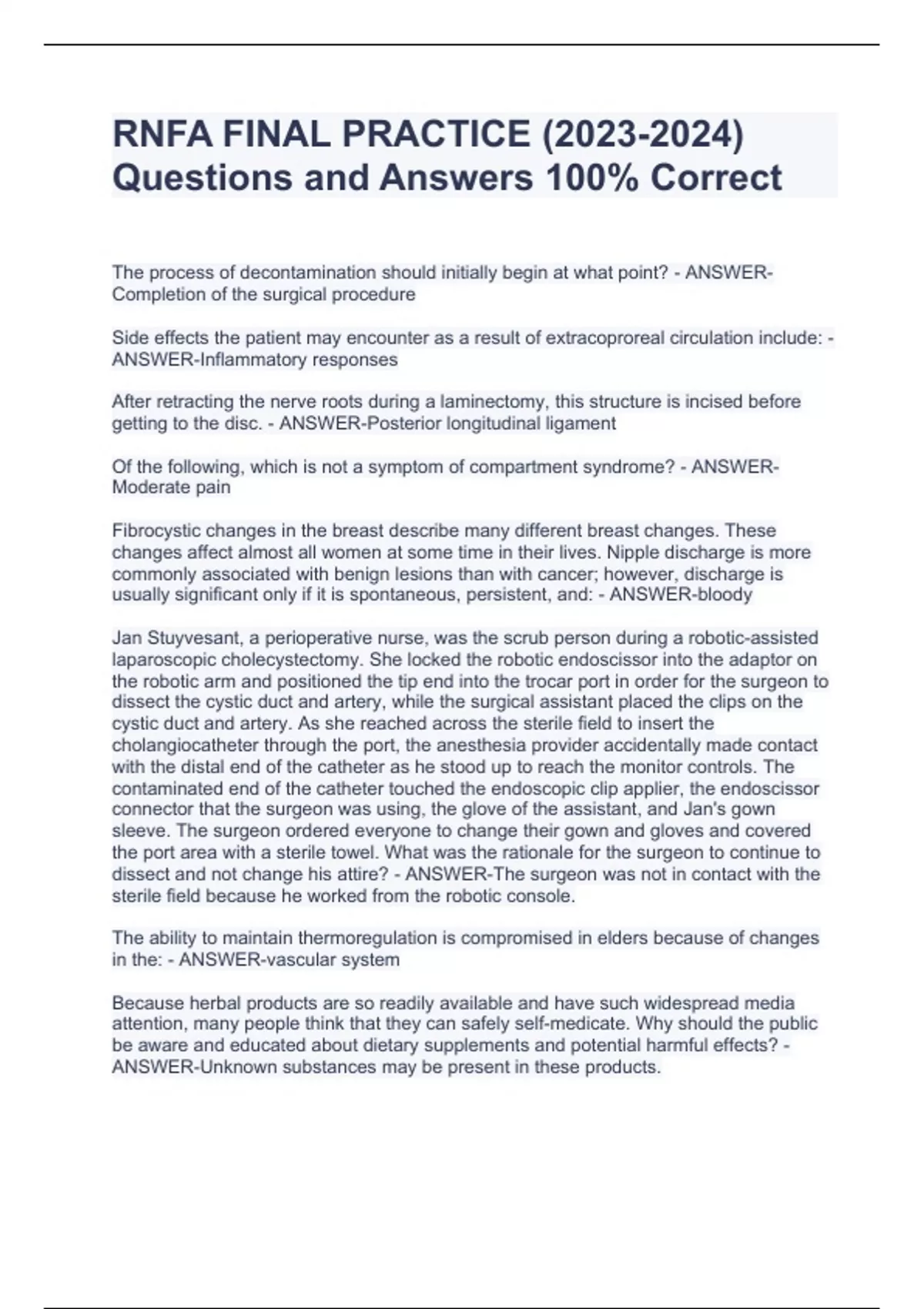 RNFA FINAL PRACTICE () Questions and Answers 100% Correct - RNFA ...