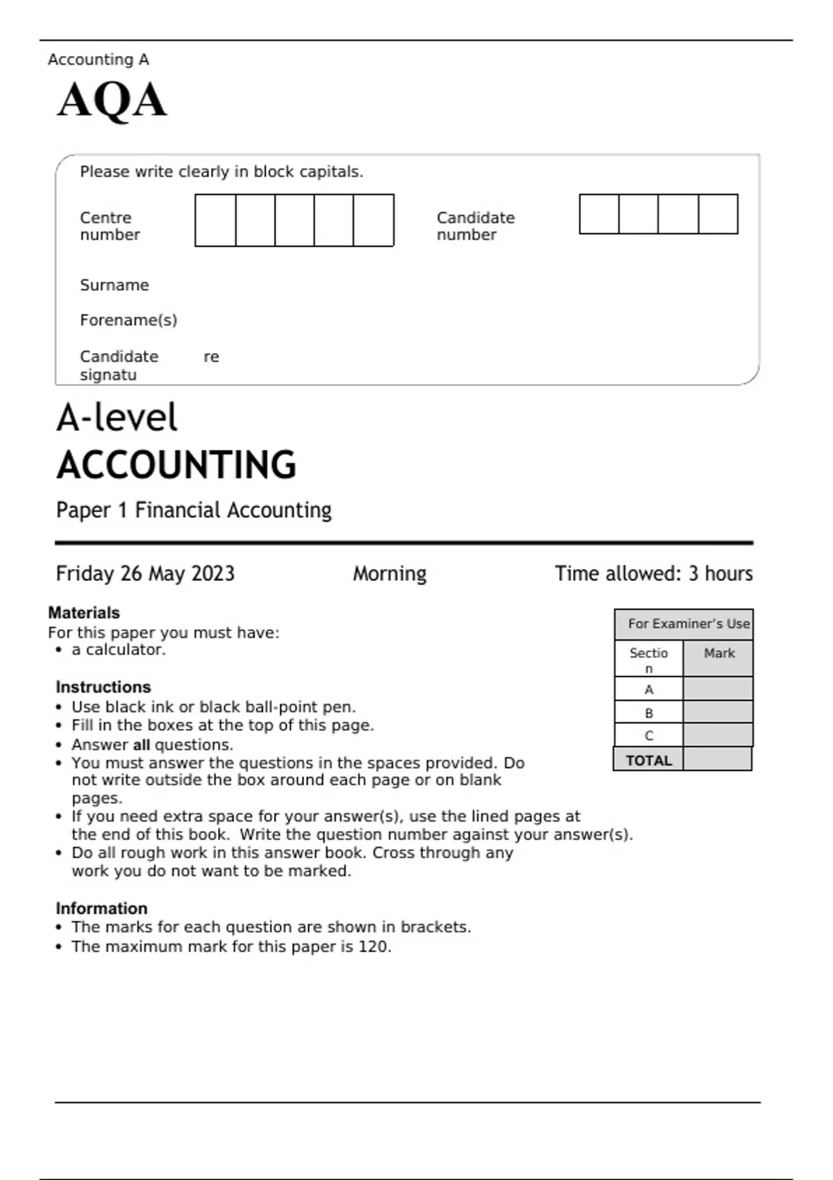 AQA A level ACCOUNTING Paper 1 and 2 MAY 2023 QUESTION PAPERS AND MARK SCHEMES - Stuvia US