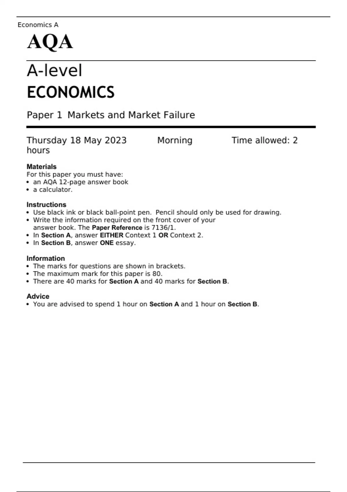 AQA A level ECONOMICS Paper 1, 2 and 3 2023 QUESTION PAPERS AND MARK ...