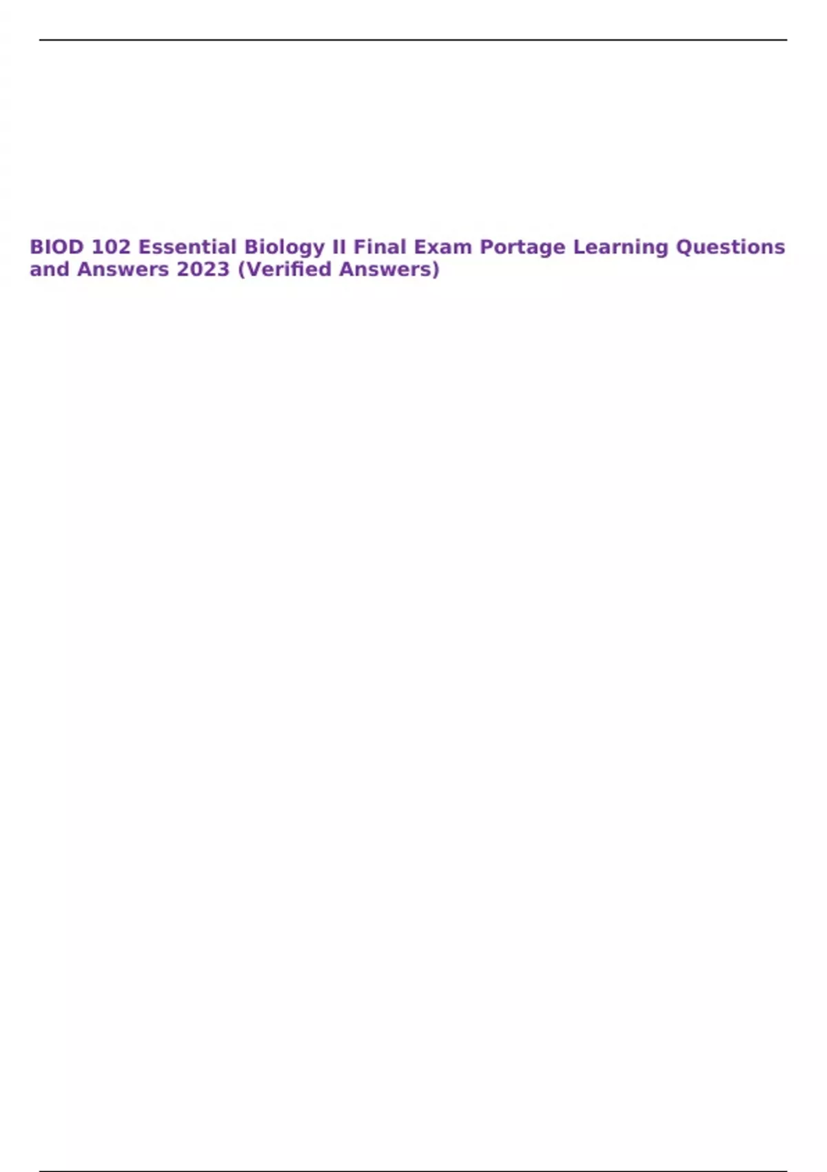 BIOD 102 Essential Biology II Final Exam Portage Learning Questions and ...