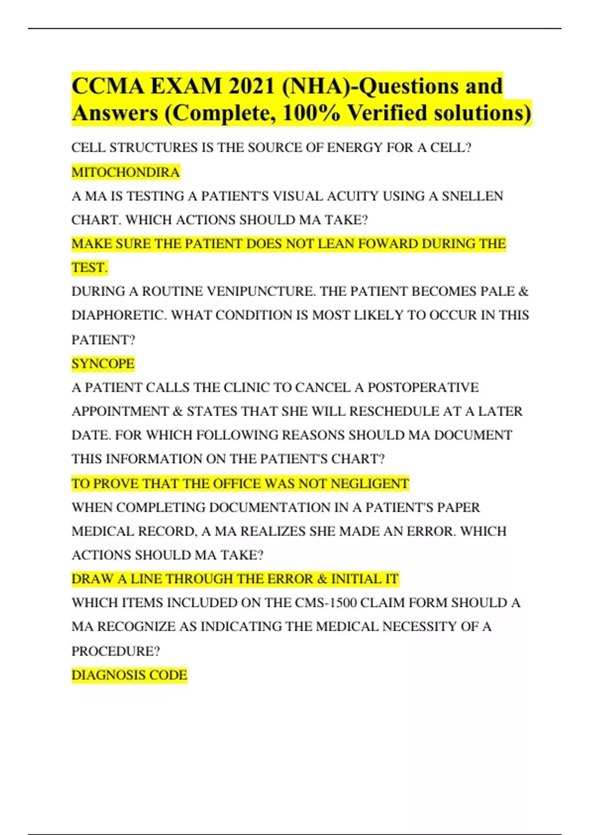 CCMA EXAM 2021 (NHA)-Questions and Answers (Complete, 100% Verified solutions) - CCMA NHA ...