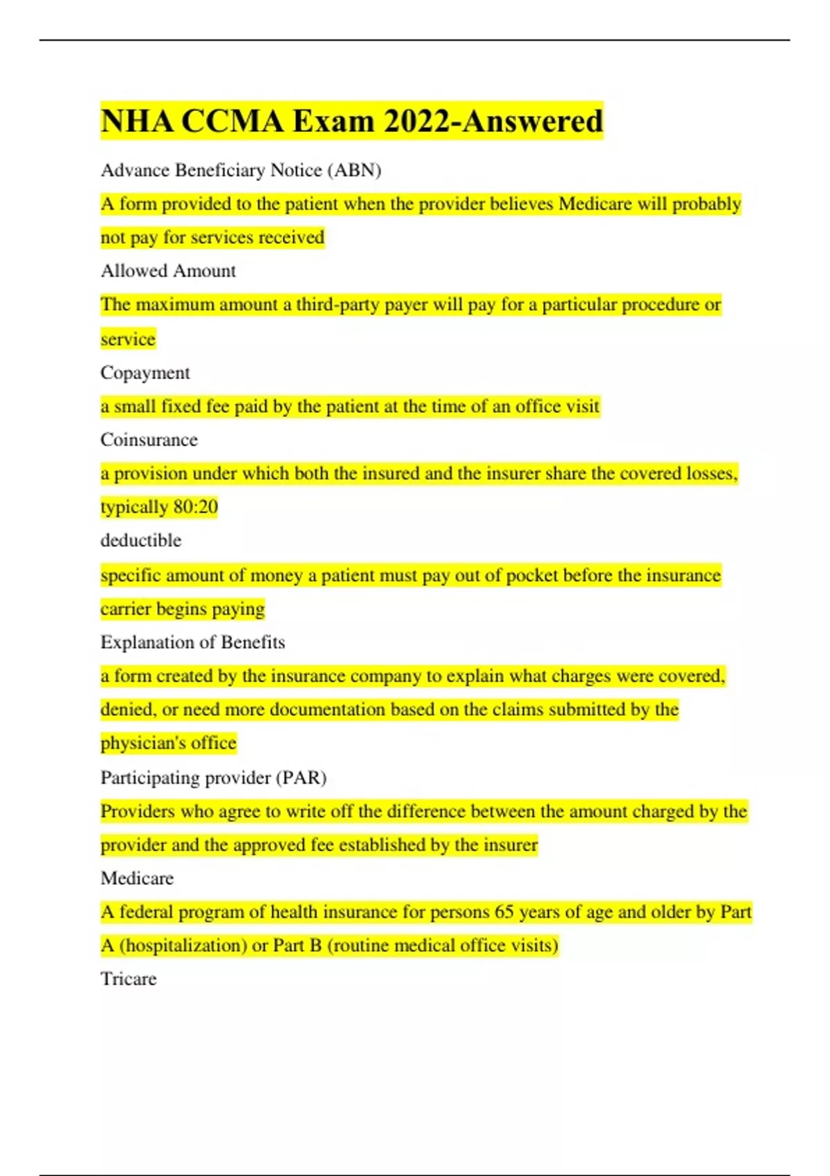 NHA CCMA Exam 2022-Answered - NHA CCMA - Stuvia US