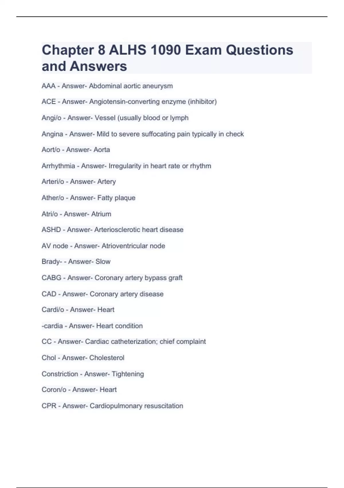 Chapter 8 ALHS 1090 Exam Questions and Answers - Chapter 8 ALHS 1090 - Stuvia US
