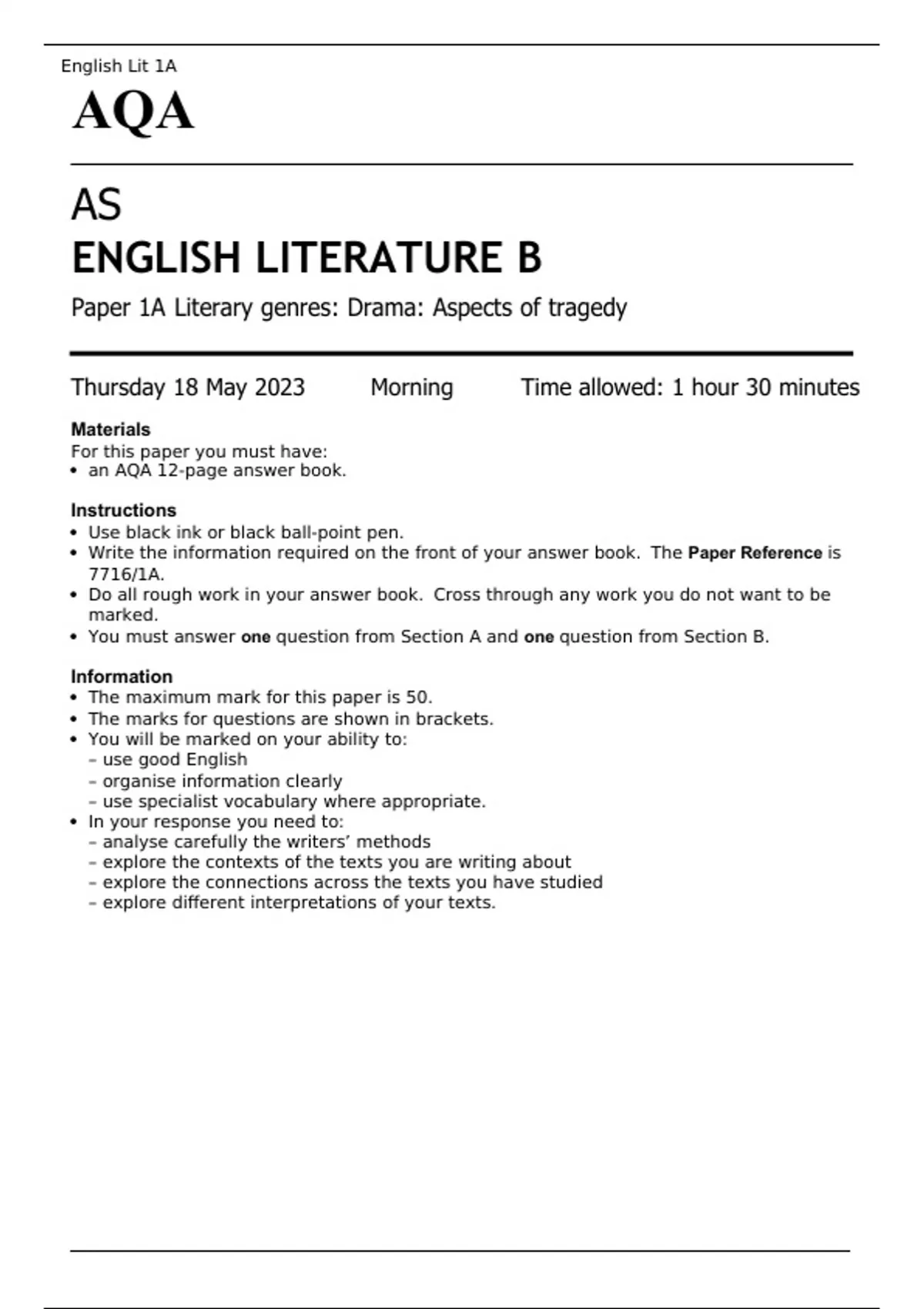 AQA AS ENGLISH LITERATURE B Paper 1A, 1B, 2A and 2B JUNE 2023 QUESTION ...