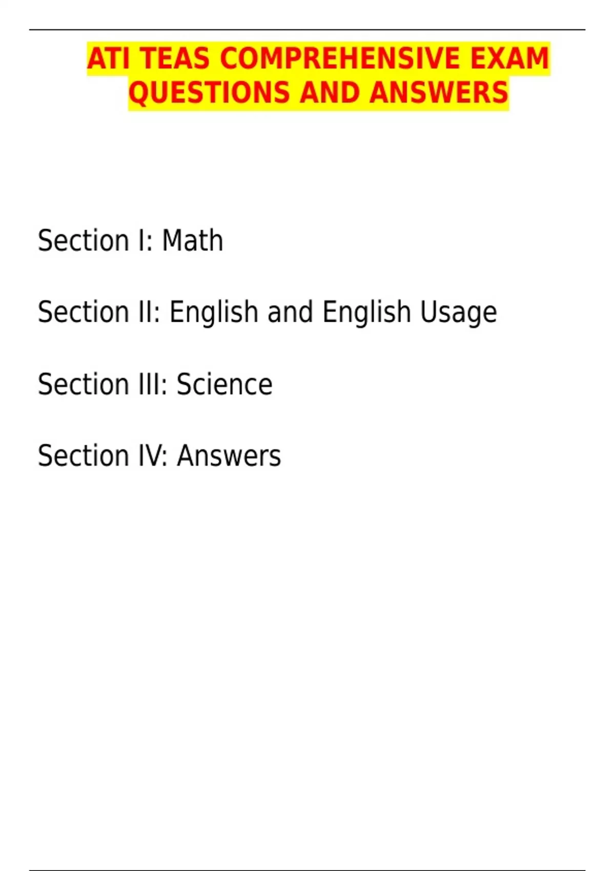ATI TEAS COMPREHENSIVE EXAM QUESTIONS AND ANSWERS Section I: Math ...