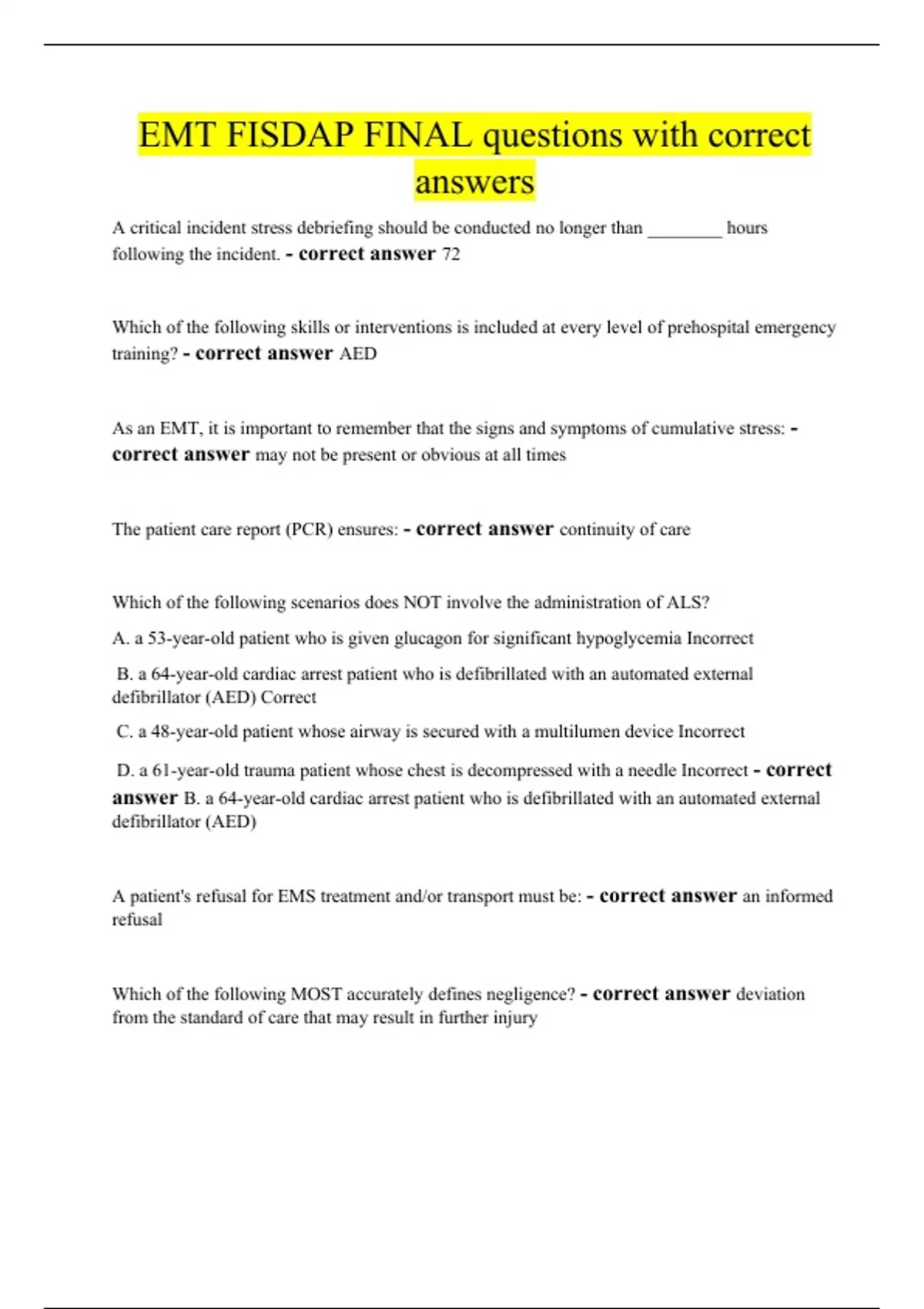 EMT FISDAP FINAL questions with correct answers - EMT FISDAP - Stuvia US