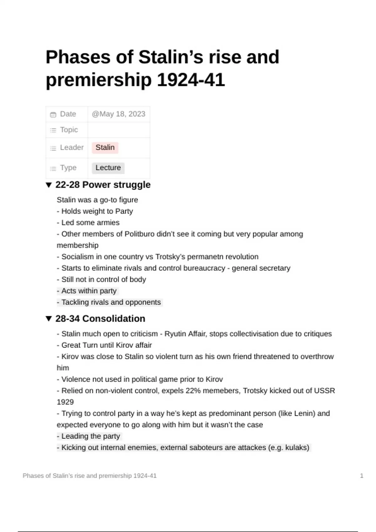 Summary Phases of Stalin's Rise and Premiership - 1H - Tsarist and ...
