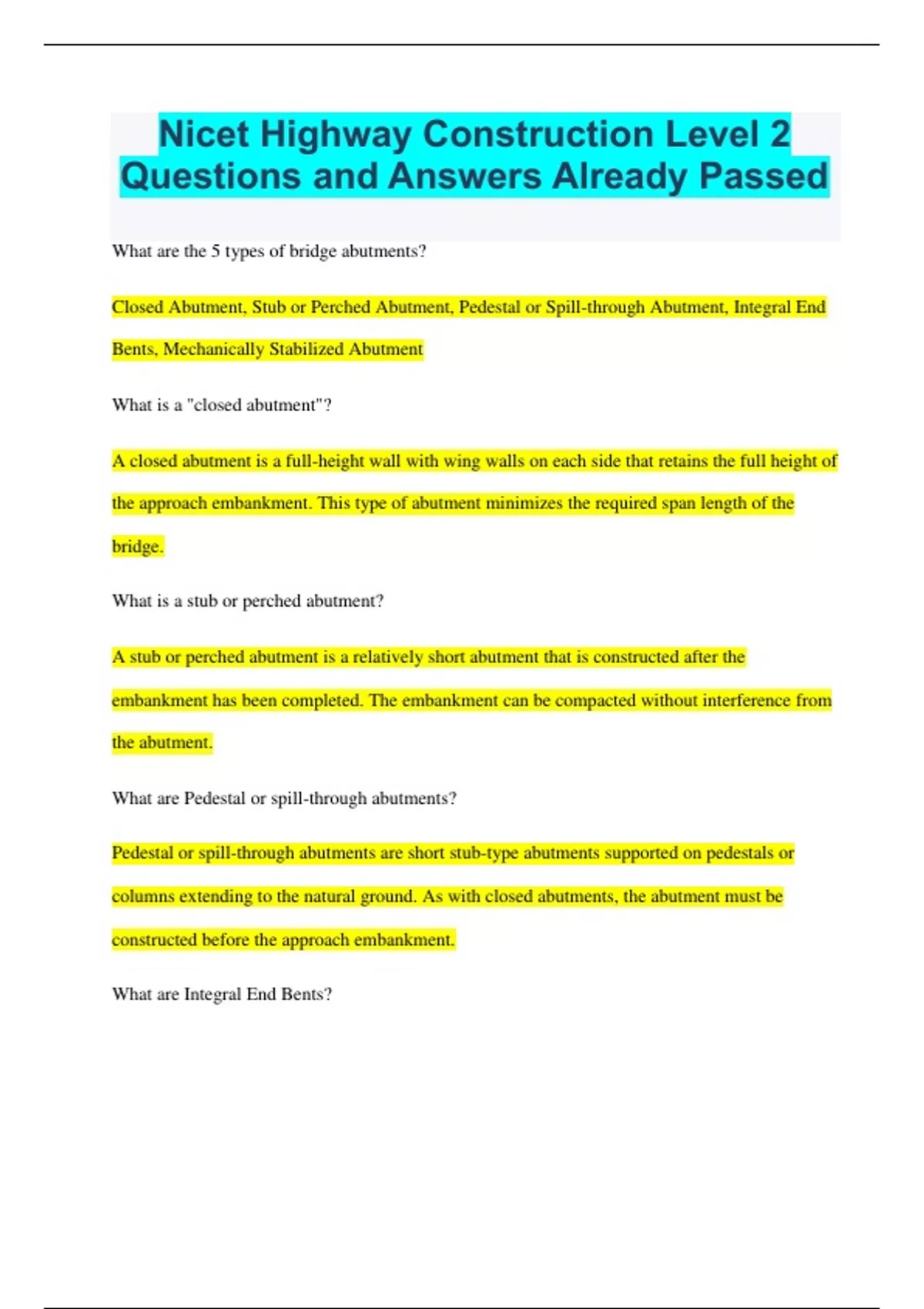 Nicet Highway Construction Level 2 Questions and Answers Already Passed - Nicet Highway ...