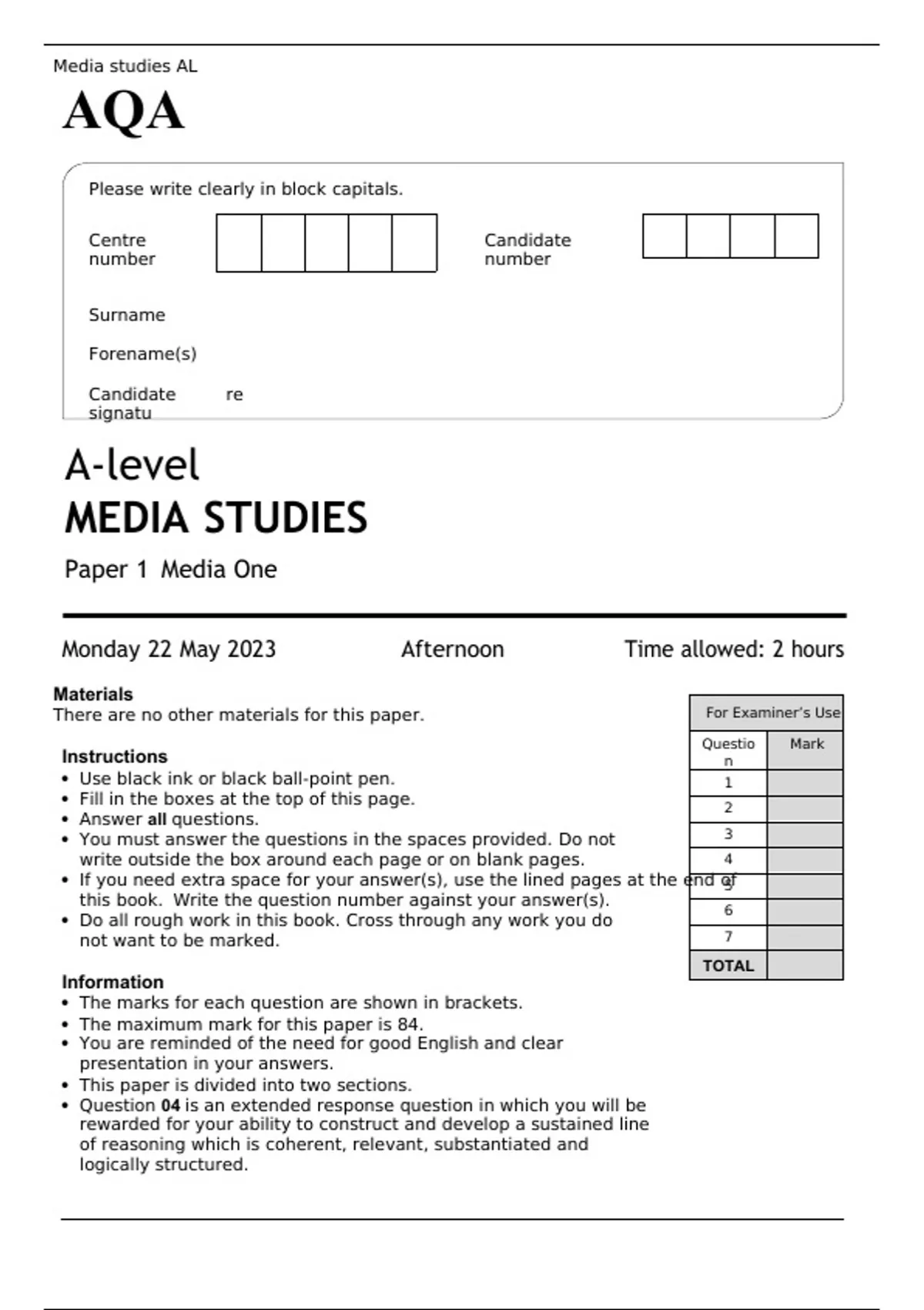 AQA A level MEDIA STUDIES Paper 1 MAY 2023 QUESTION PAPER: Media One ...