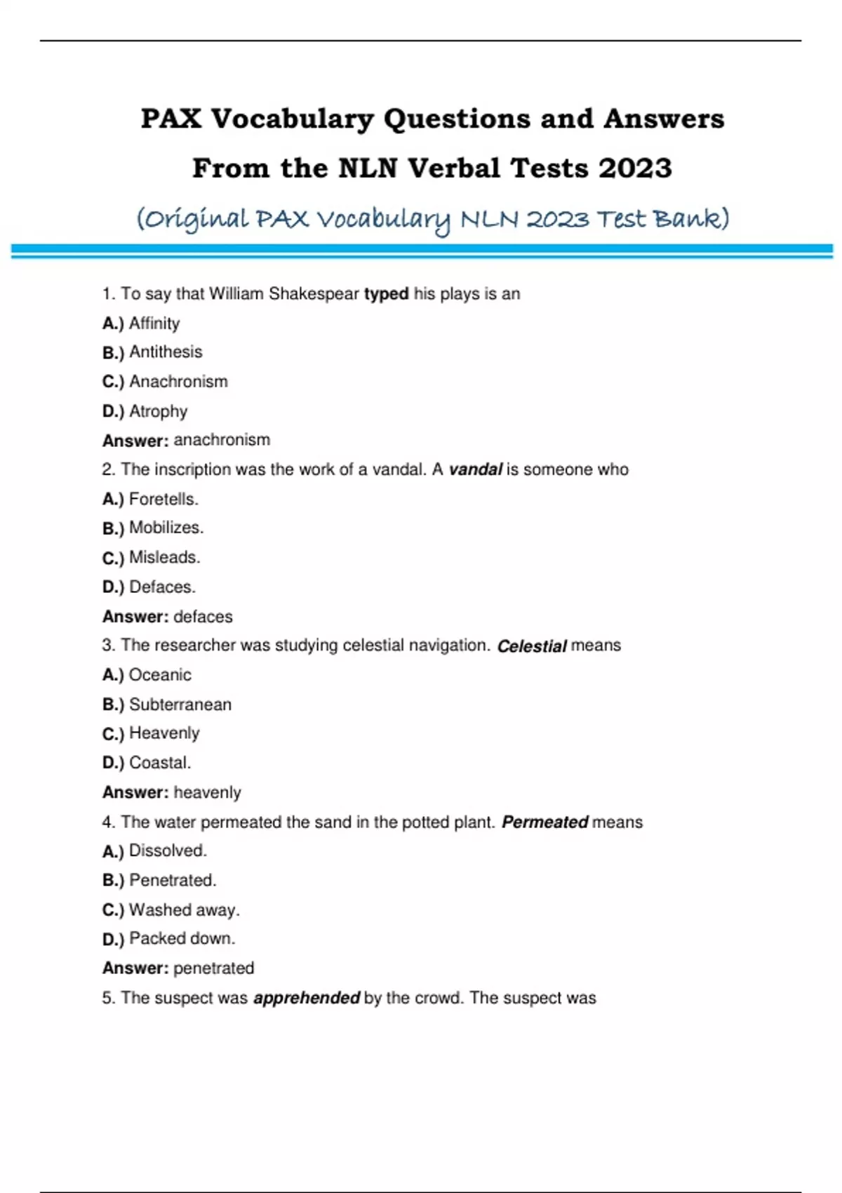 PAX Vocabulary Questions and Answers From the NLN Verbal Tests 2023 ...