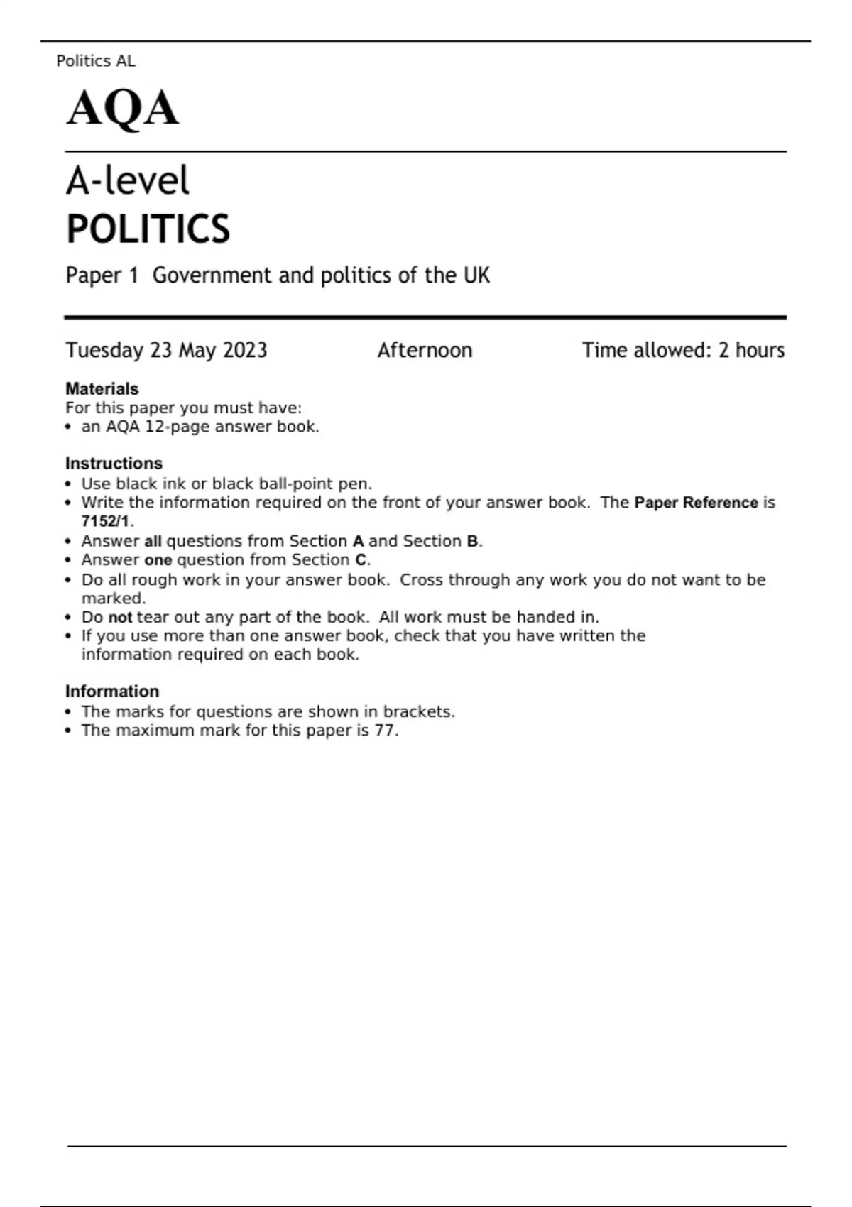 AQA A level POLITICS Paper 1 JUNE 2023 QUESTION PAPER: Government and ...