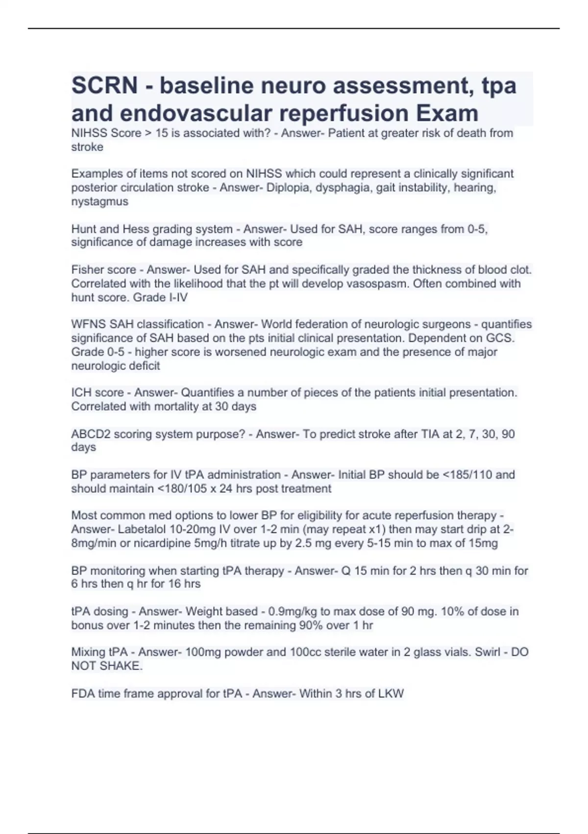 SCRN - baseline neuro assessment, tpa and endovascular reperfusion Exam ...