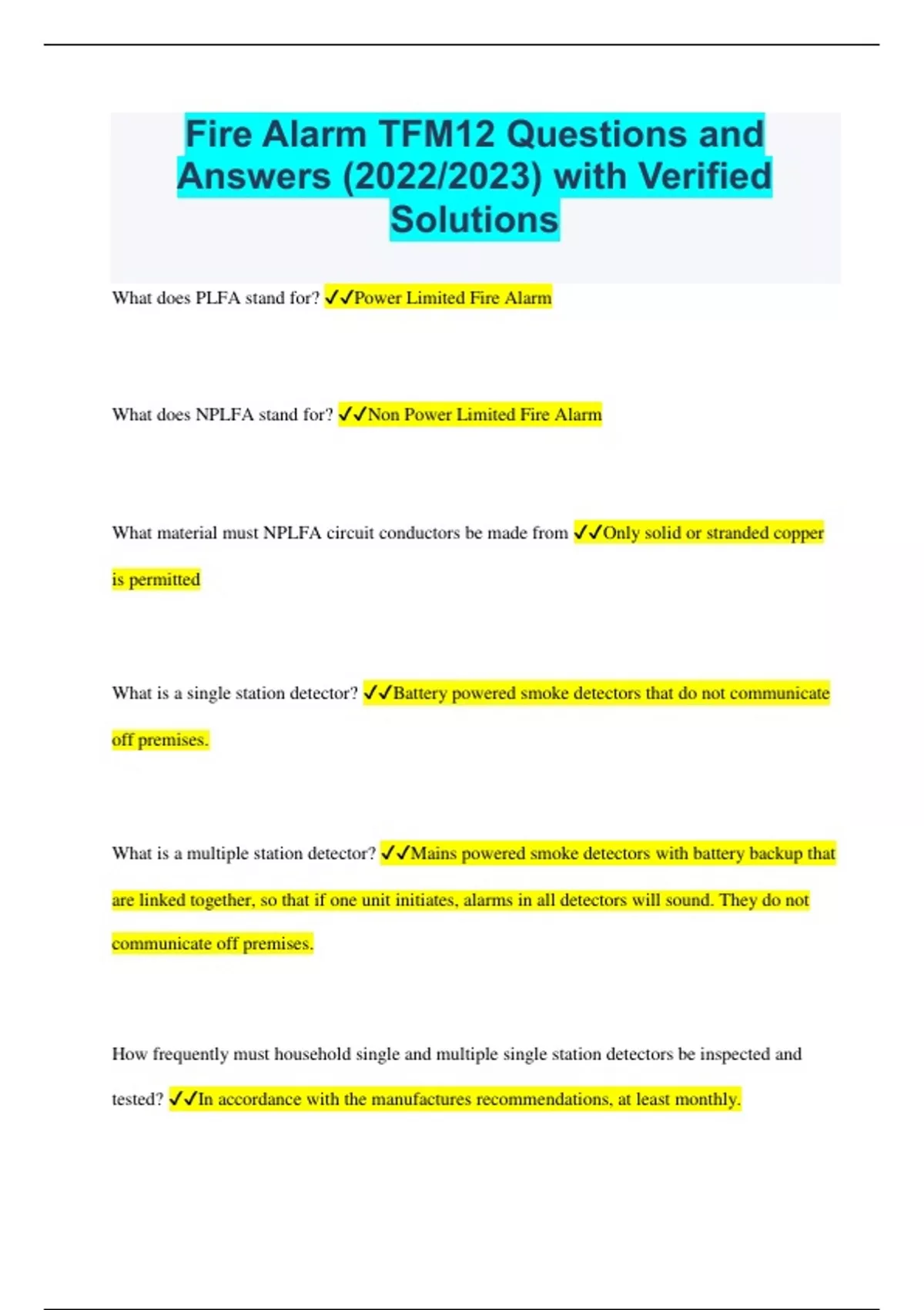 Fire Alarm TFM12 Questions and Answers (2022/2023) with Verified ...