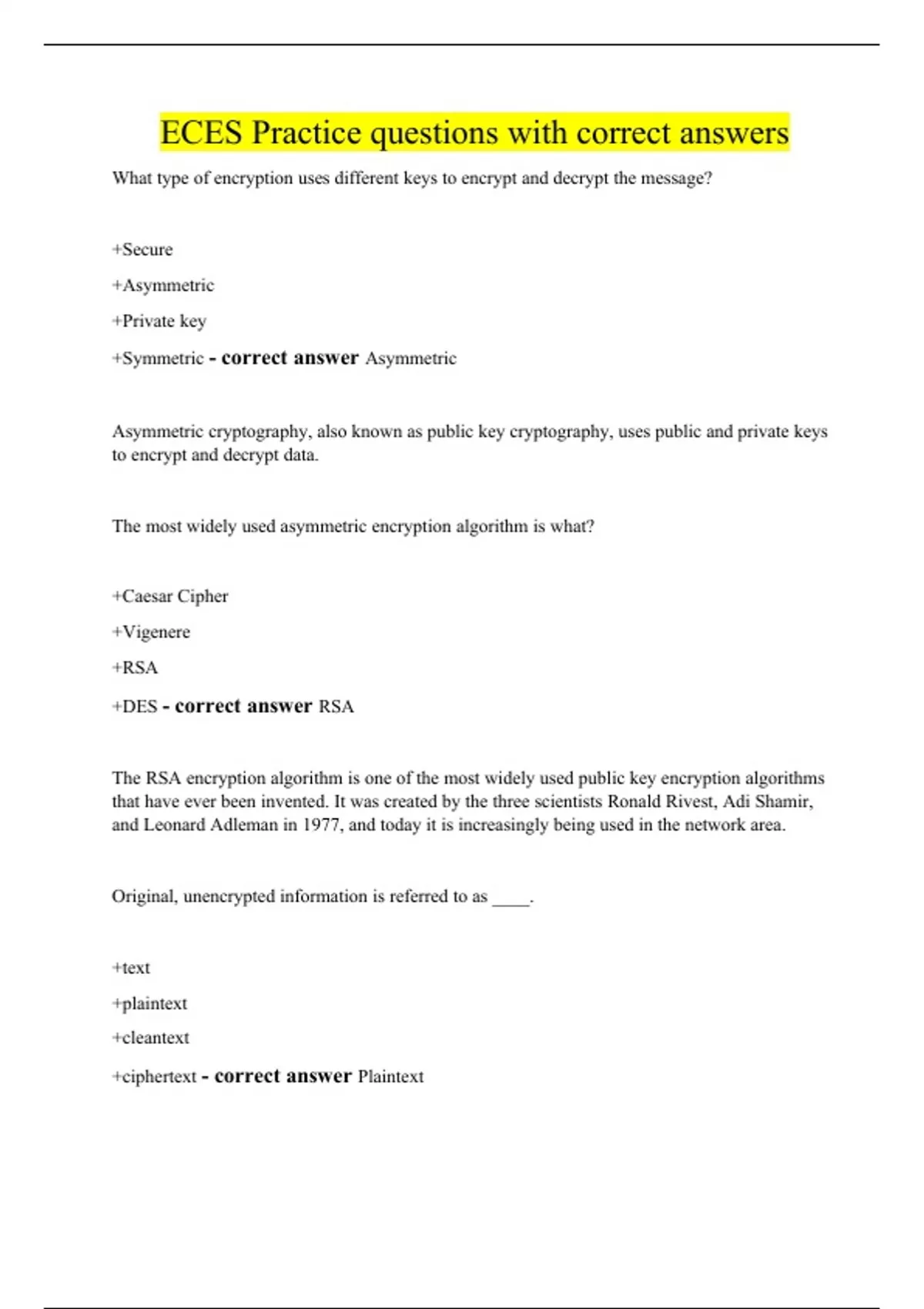 ECES Practice questions with correct answers - ECES - Stuvia US