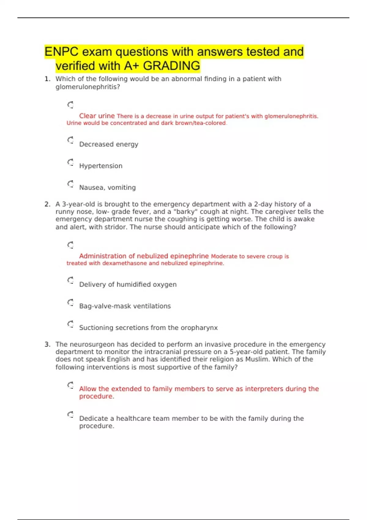 ENPC exam questions with answers tested and verified with A+ GRADING ...
