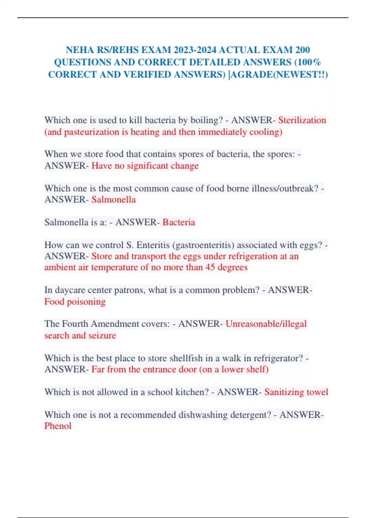 NEHA RS/REHS EXAM ACTUAL EXAM 200 QUESTIONS AND CORRECT DETAILED ...