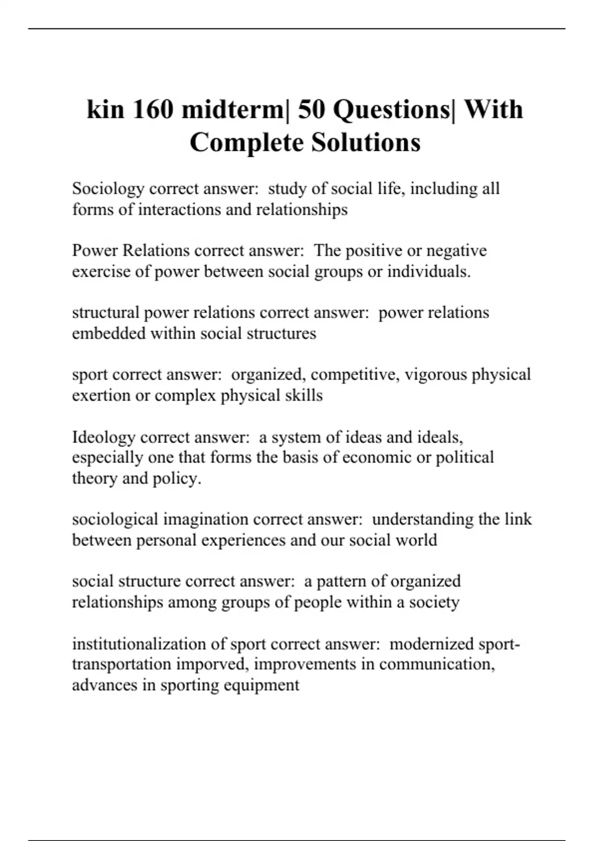 kin 160 midterm| 50 Questions| With Complete Solutions - Kin 160 ...