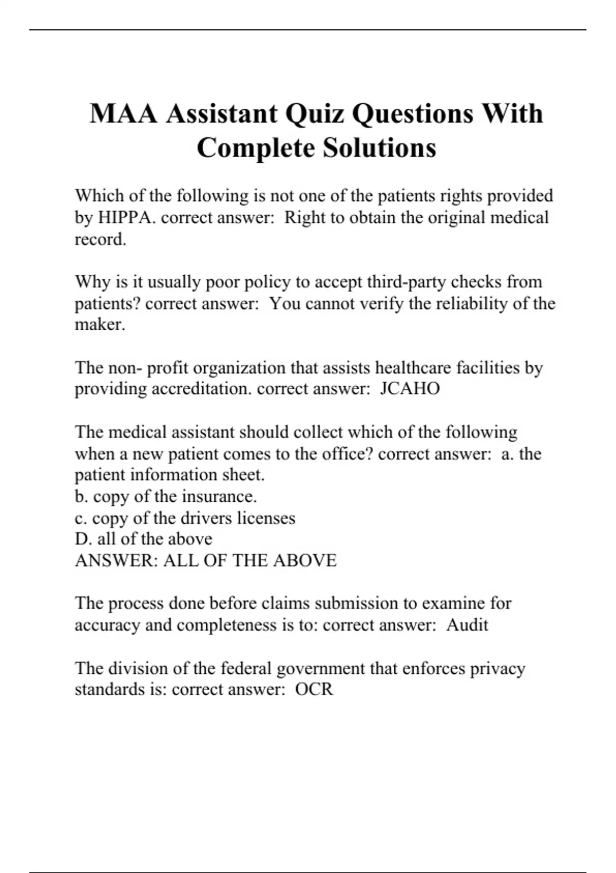 MAA Assistant Quiz Questions With Complete Solutions - Maa - Stuvia US