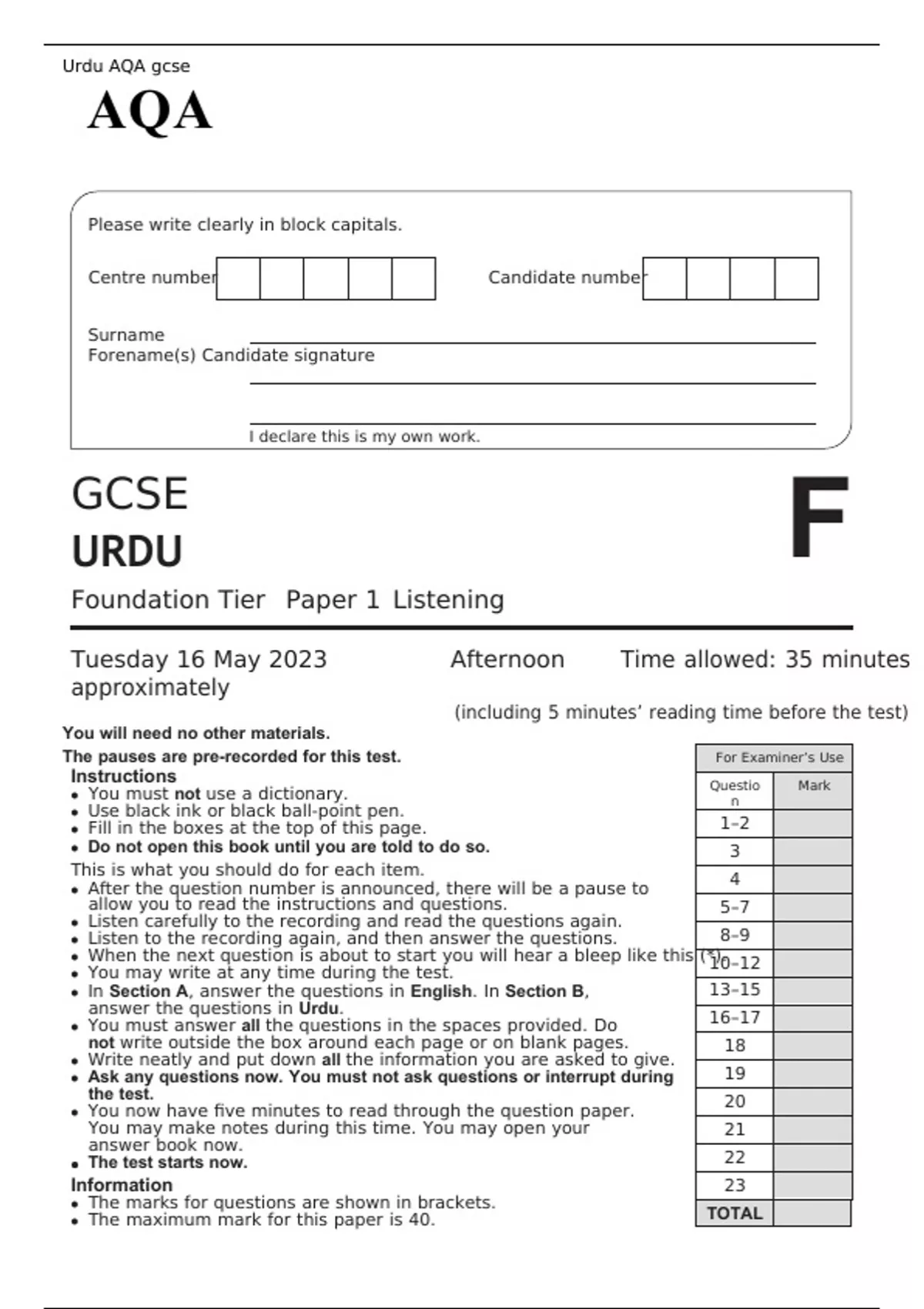 AQA GCSE URDU Foundation Tier Paper 1 and 2 MAY 2023 QUESTION PAPERS ...