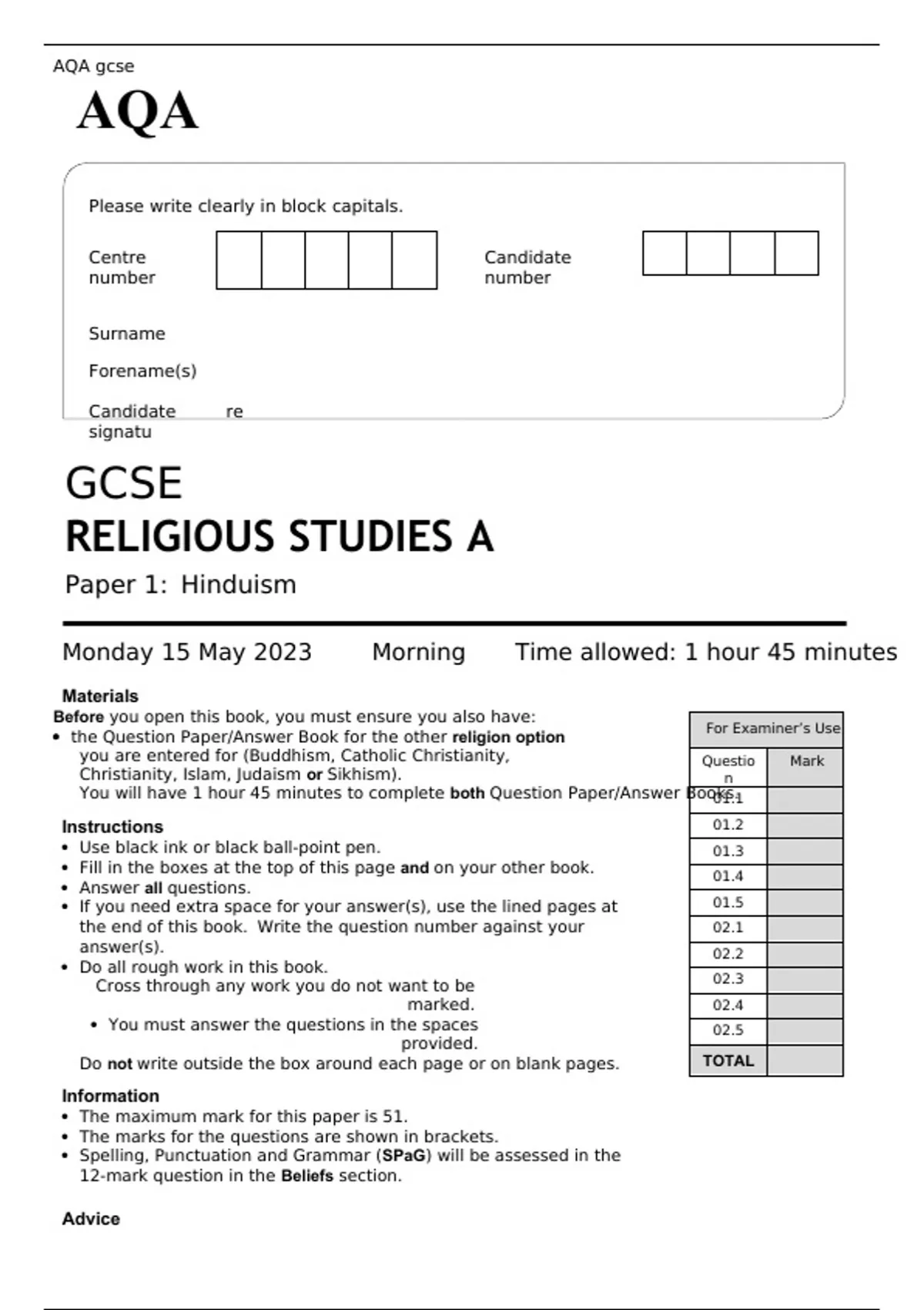 AQA GCSE RELIGIOUS STUDIES A Paper 1 MAY 2023 QUESTION PAPER: Hinduism ...