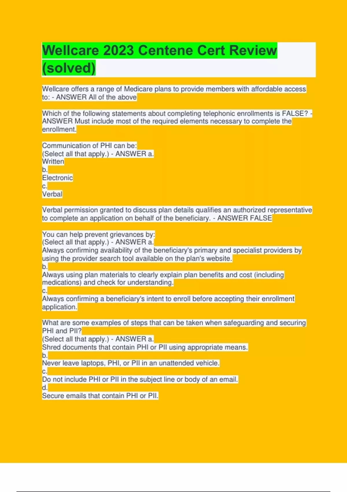 Wellcare 2023 Centene Cert Review (solved) - Wellcare 2023 Centene Cert ...