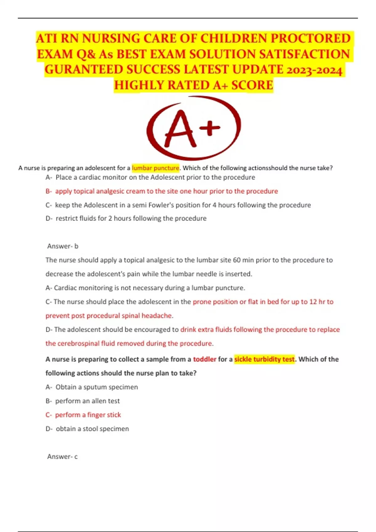 ATI RN NURSING CARE OF CHILDREN PROCTORED EXAM 7 LATEST VERSIONS 2024 ...