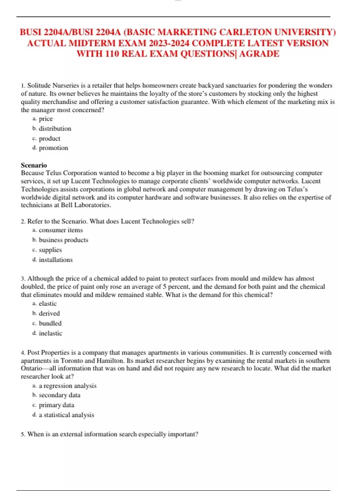 BUSI 2204A/BUSI 2204A (BASIC MARKETING CARLETON UNIVERSITY) ACTUAL ...