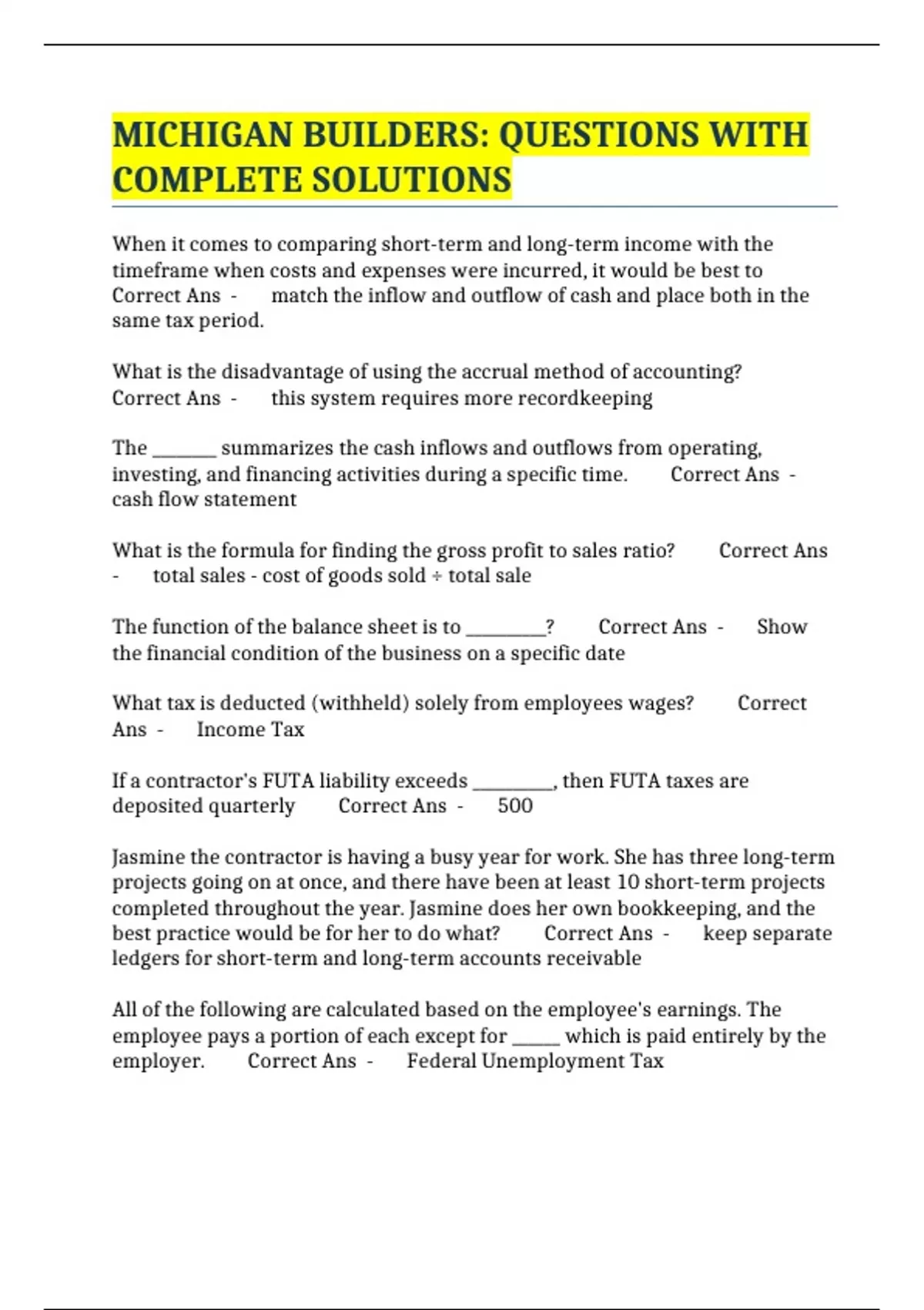 MICHIGAN BUILDERS: QUESTIONS WITH COMPLETE SOLUTIONS - MICHIGAN ...