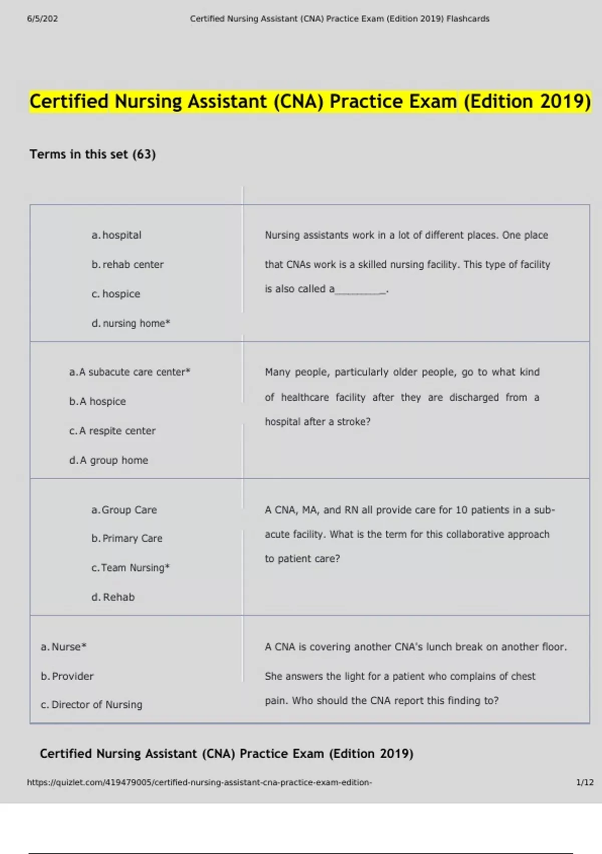 CNA WRITTEN EXAM (PROMETRIC PRACTICE TEST) LATEST EXAM - CNA - Stuvia US